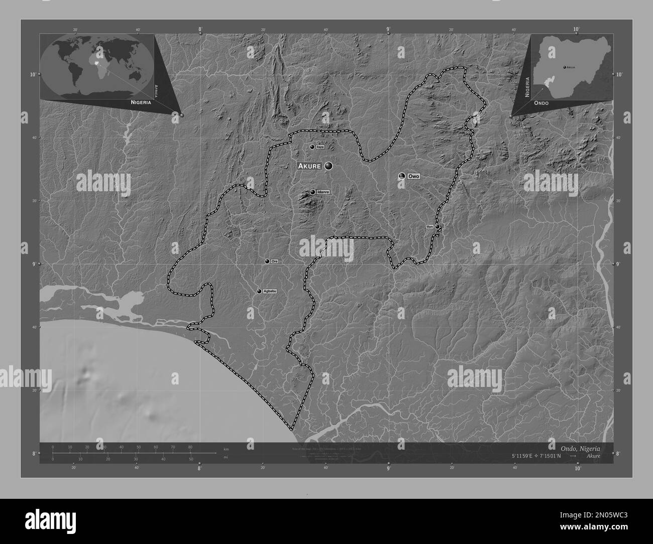 Ondo, state of Nigeria. Bilevel elevation map with lakes and rivers ...