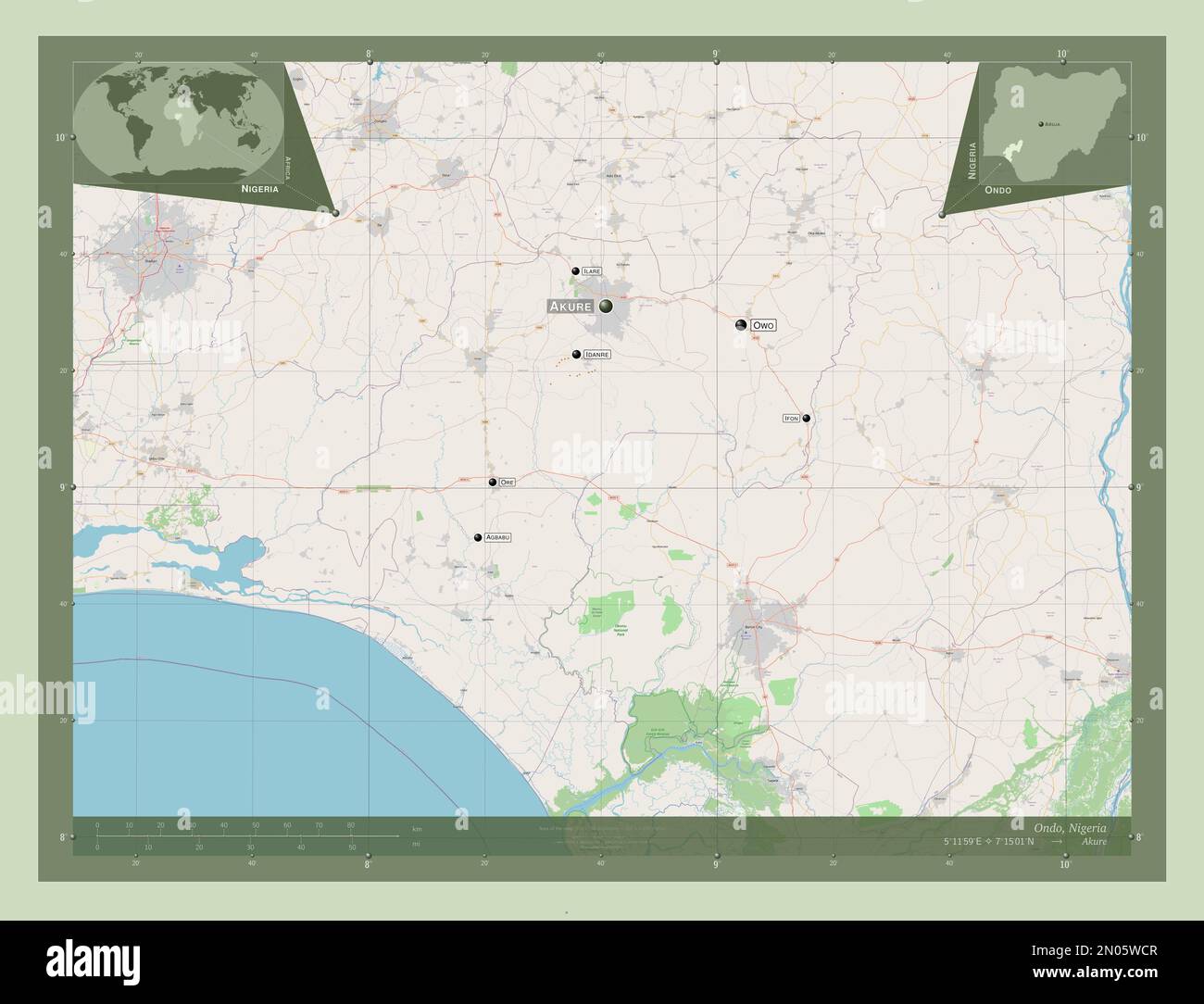 Ondo, state of Nigeria. Open Street Map. Locations and names of major ...