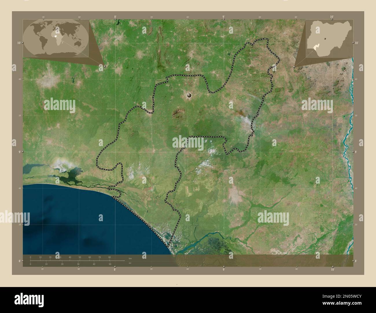 Ondo, state of Nigeria. High resolution satellite map. Corner auxiliary ...
