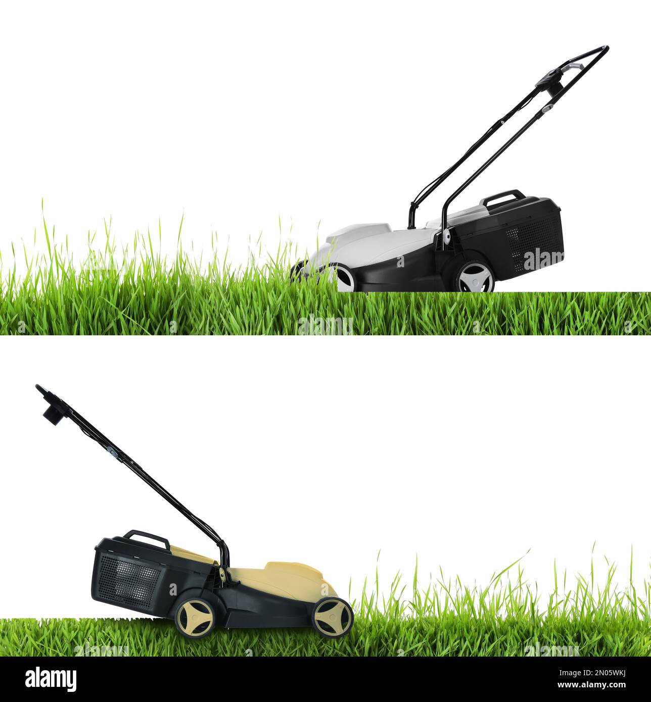 Modern garden lawn mowers cutting green grass, white background Stock ...
