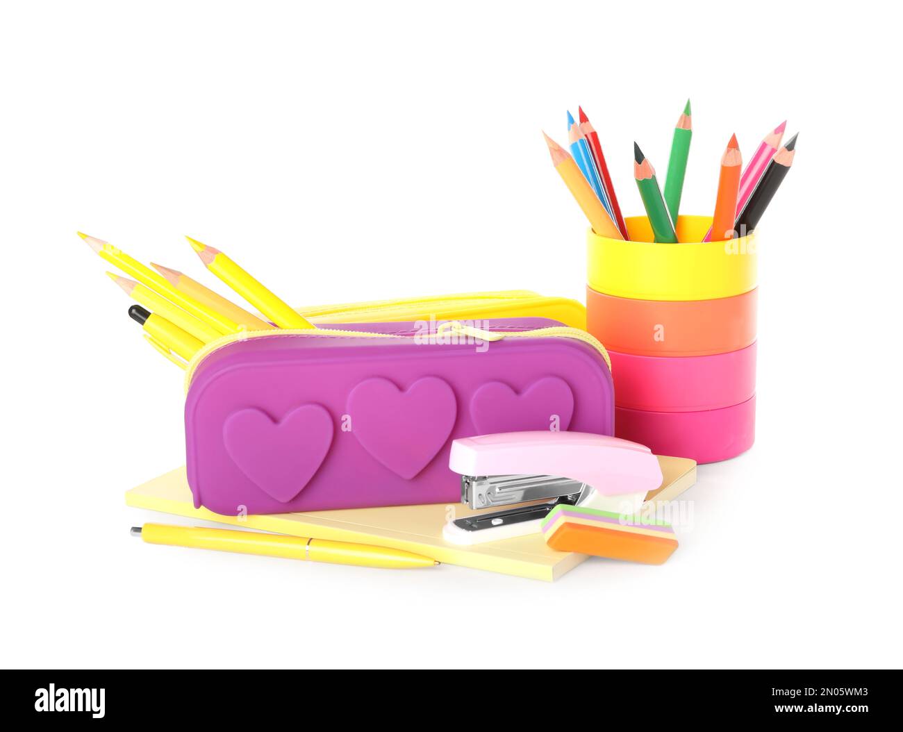 Set of colorful school stationery on white background Stock Photo - Alamy
