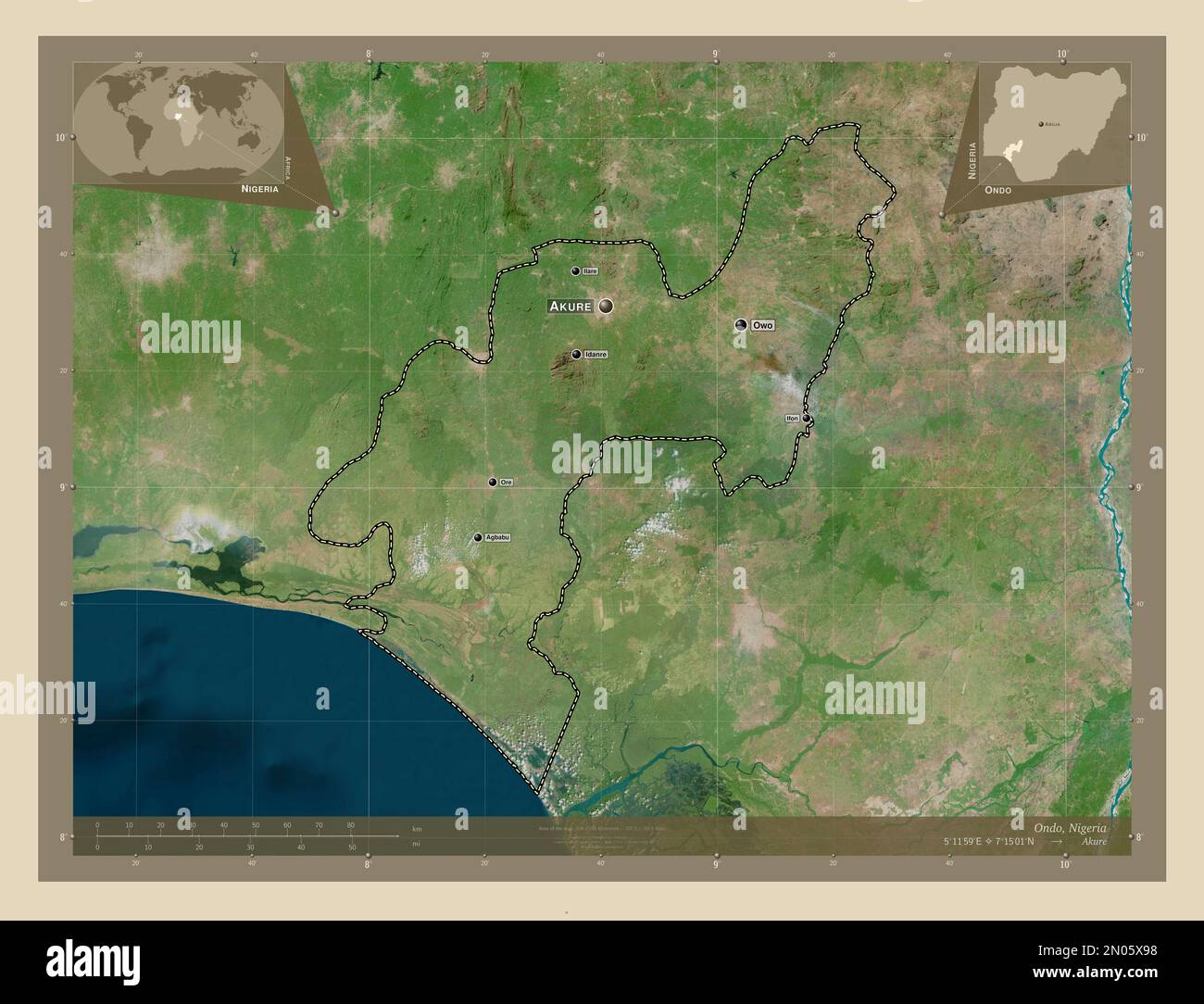 Ondo, state of Nigeria. High resolution satellite map. Locations and ...