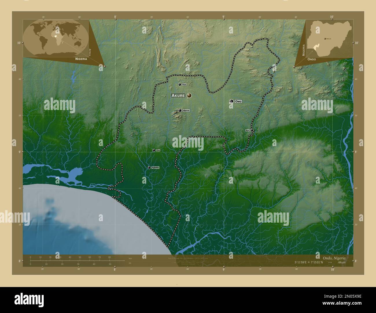 Ondo, state of Nigeria. Colored elevation map with lakes and rivers ...