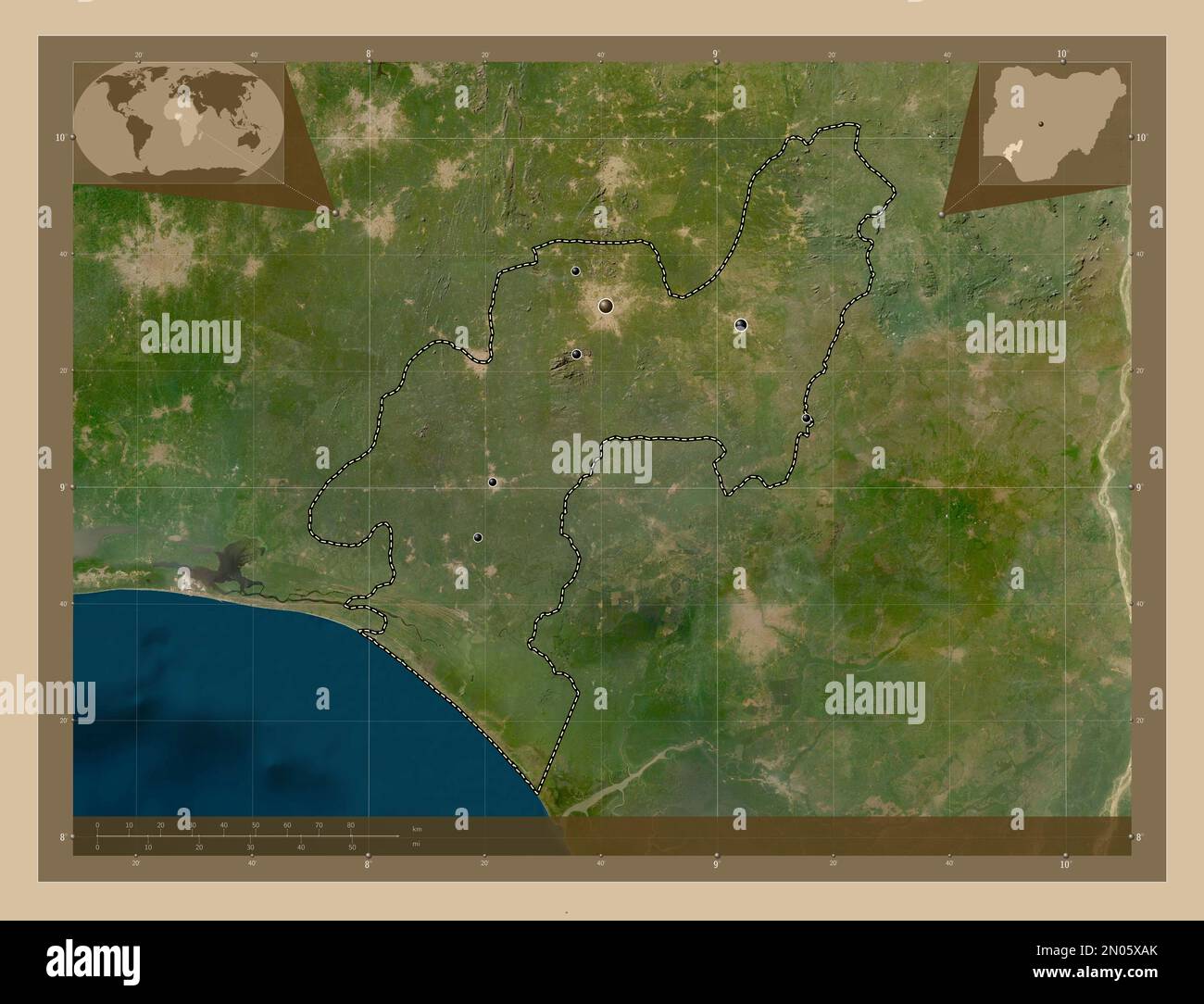 Ondo, state of Nigeria. Low resolution satellite map. Locations of ...