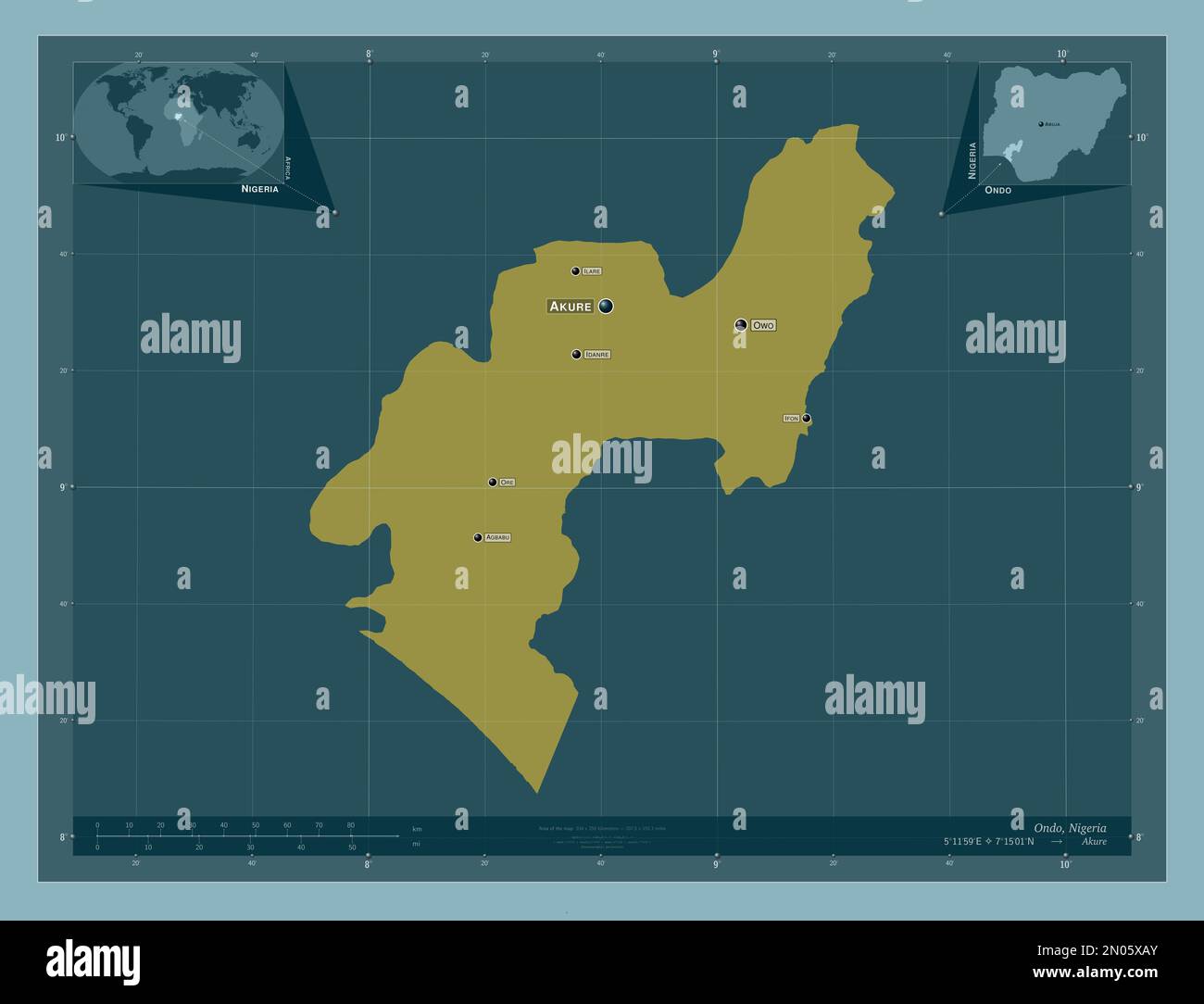 Ondo, state of Nigeria. Solid color shape. Locations and names of major ...
