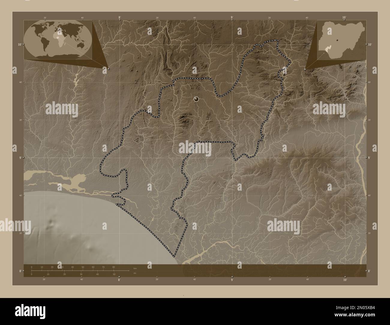 Ondo, state of Nigeria. Elevation map colored in sepia tones with lakes ...