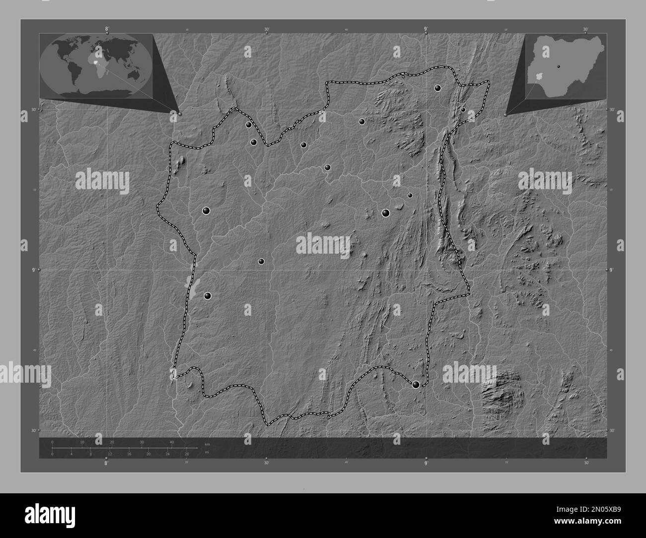 Osun, state of Nigeria. Bilevel elevation map with lakes and rivers ...