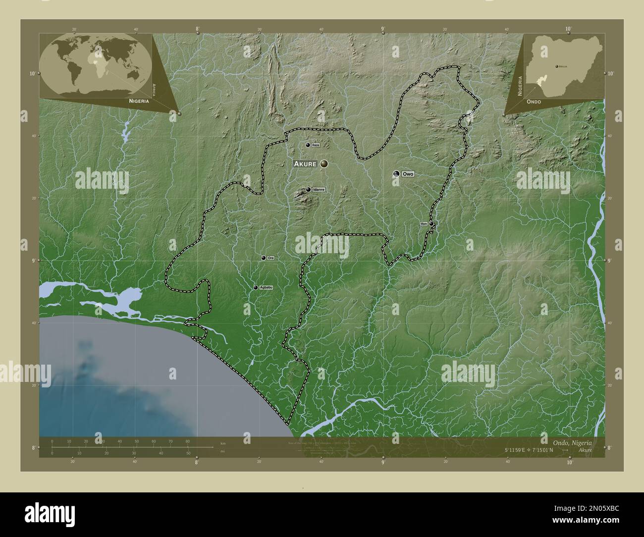 Ondo, state of Nigeria. Elevation map colored in wiki style with lakes ...