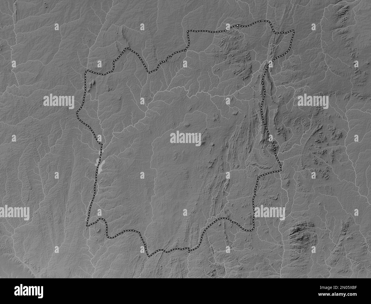Osun, state of Nigeria. Grayscale elevation map with lakes and rivers ...