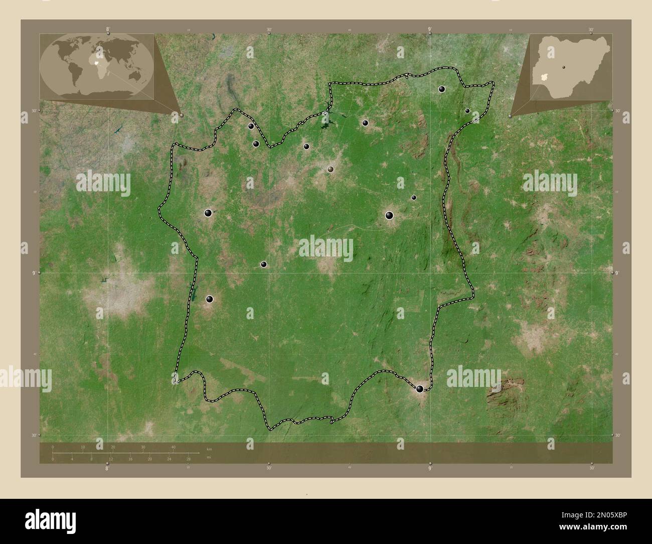 Osun, state of Nigeria. High resolution satellite map. Locations of ...