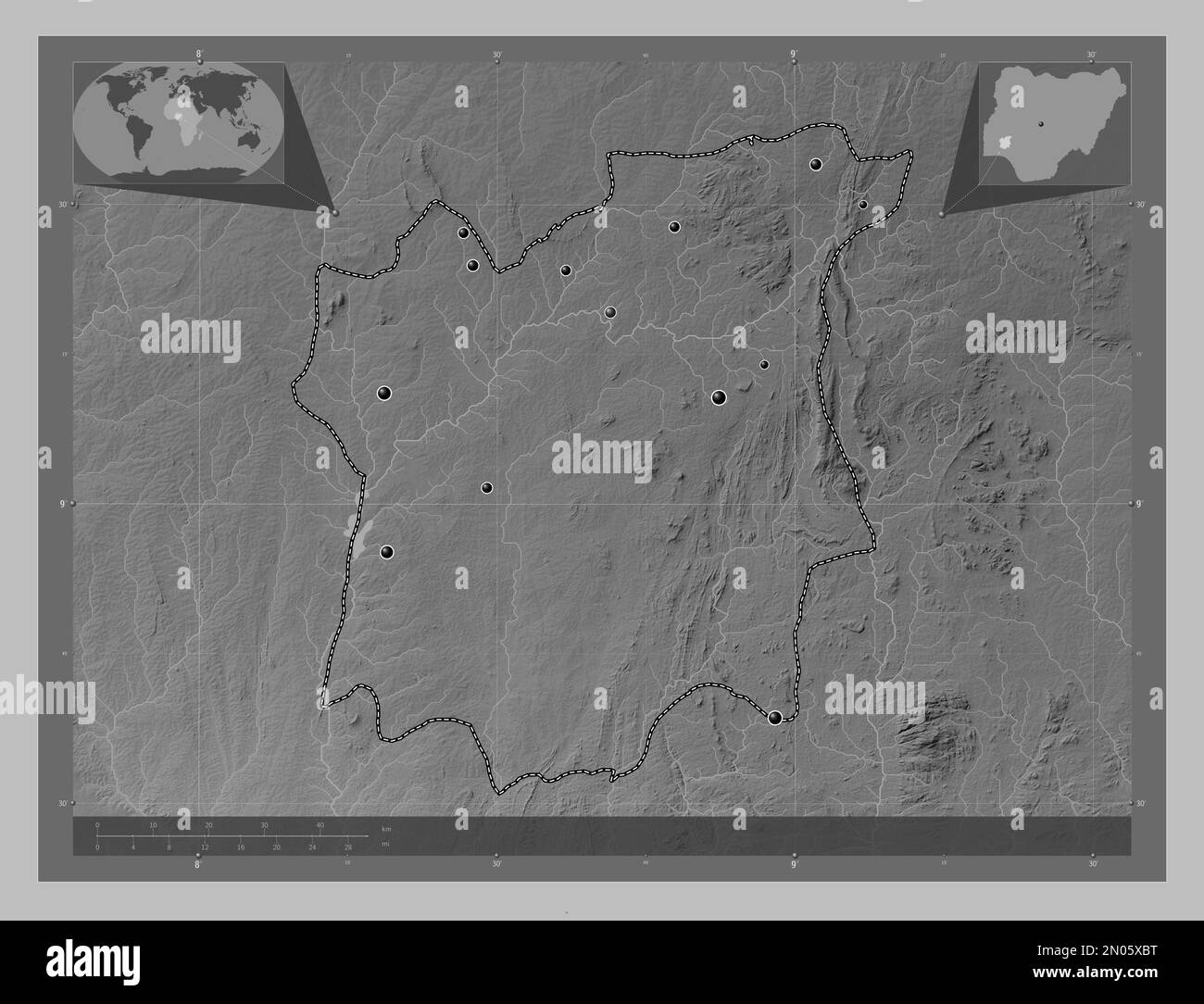 Osun, state of Nigeria. Grayscale elevation map with lakes and rivers ...