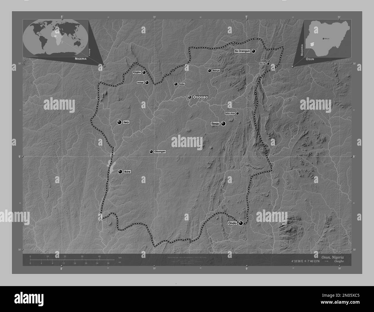 Osun, state of Nigeria. Grayscale elevation map with lakes and rivers ...