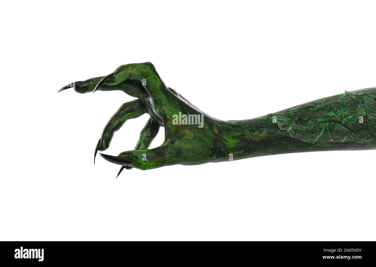 Scary monster on white background, closeup of hand. Halloween character ...