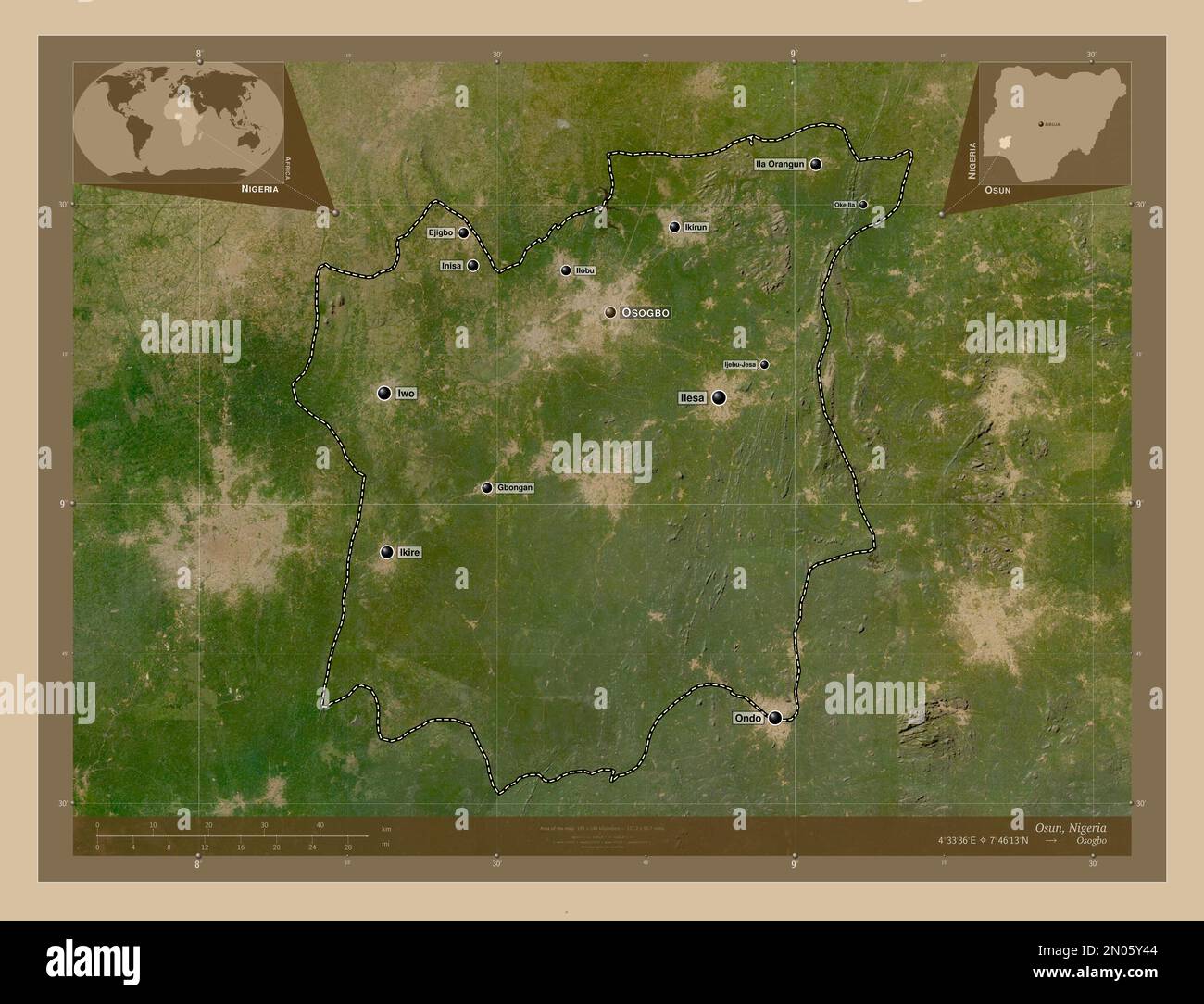 Osun, state of Nigeria. Low resolution satellite map. Locations and ...