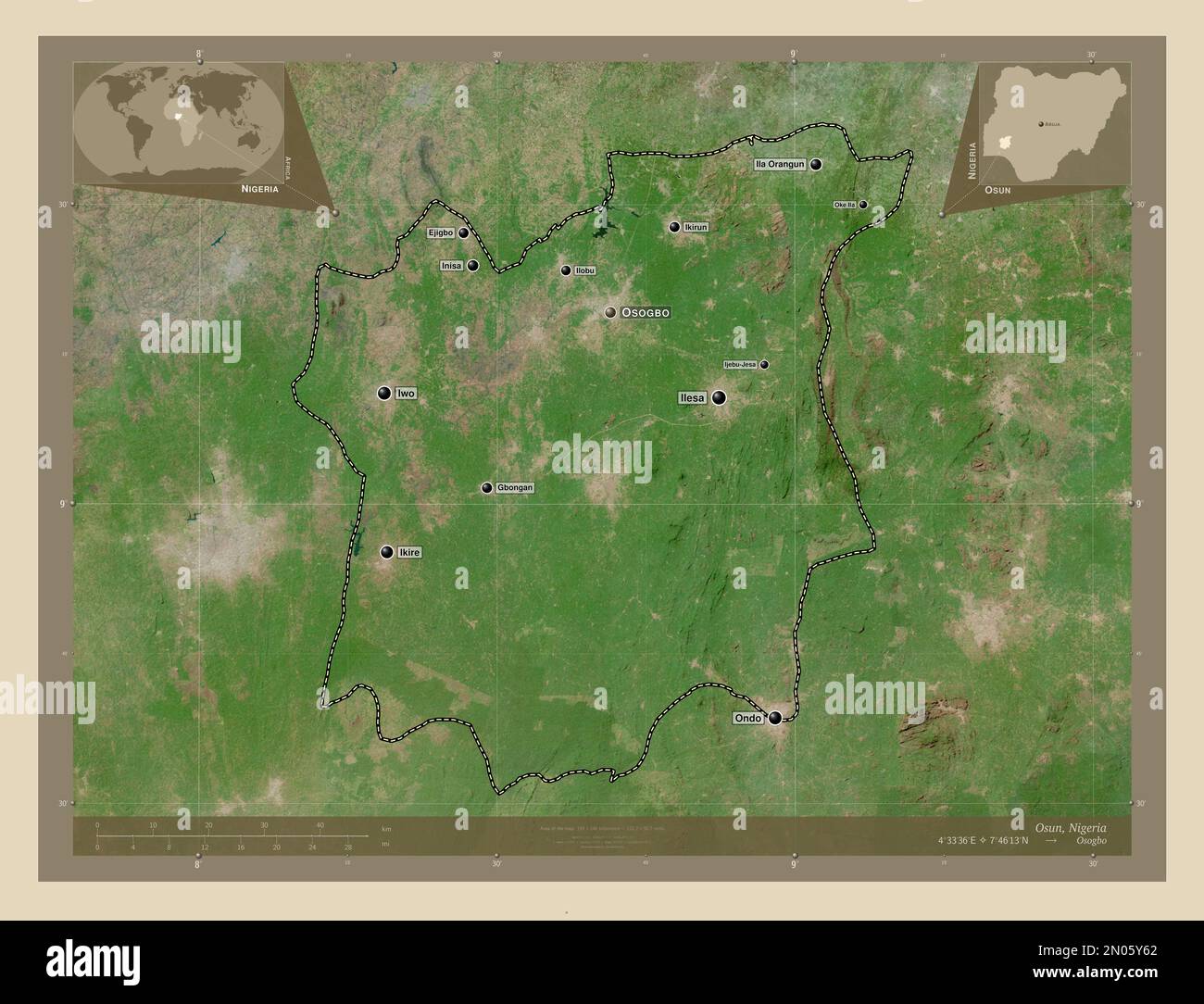 Osun, state of Nigeria. High resolution satellite map. Locations and ...