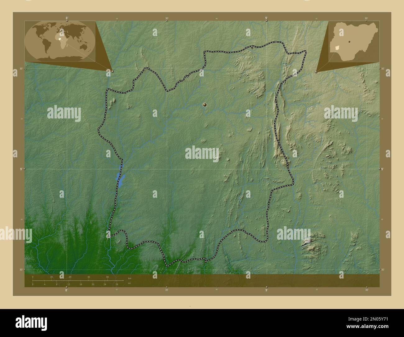 Osun, state of Nigeria. Colored elevation map with lakes and rivers ...