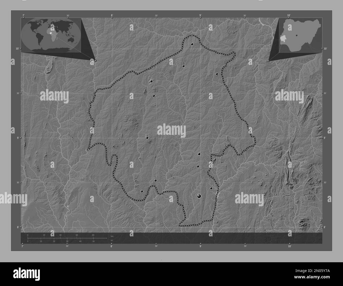 Oyo, state of Nigeria. Bilevel elevation map with lakes and rivers ...
