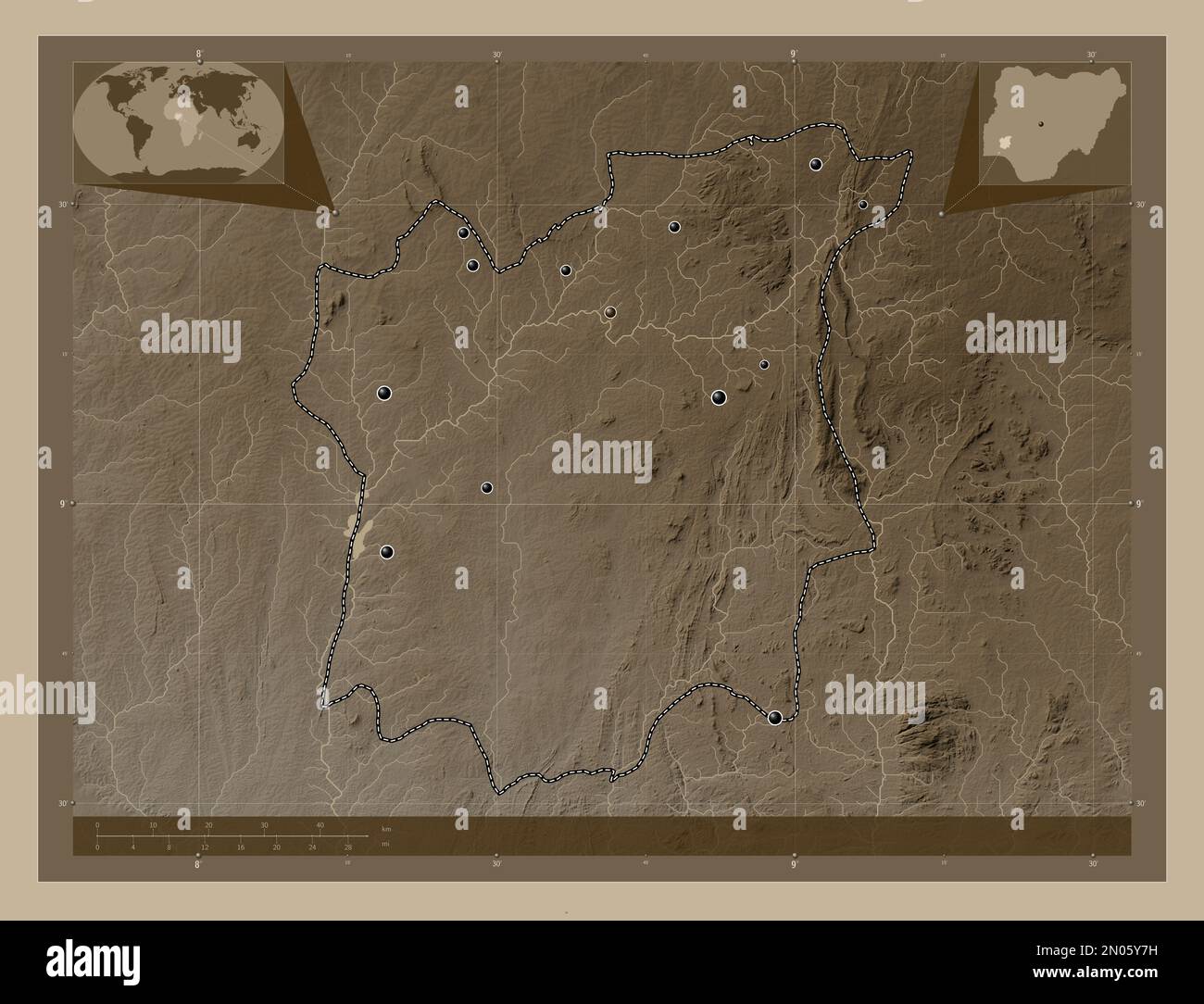 Osun, state of Nigeria. Elevation map colored in sepia tones with lakes ...