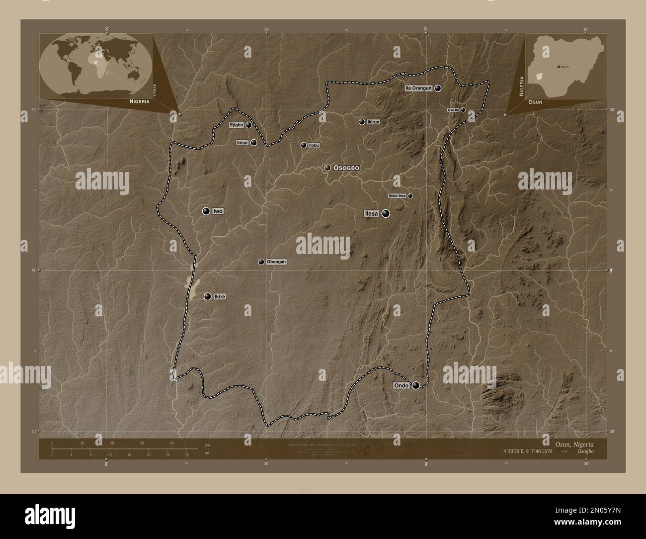 Osun, state of Nigeria. Elevation map colored in sepia tones with lakes ...