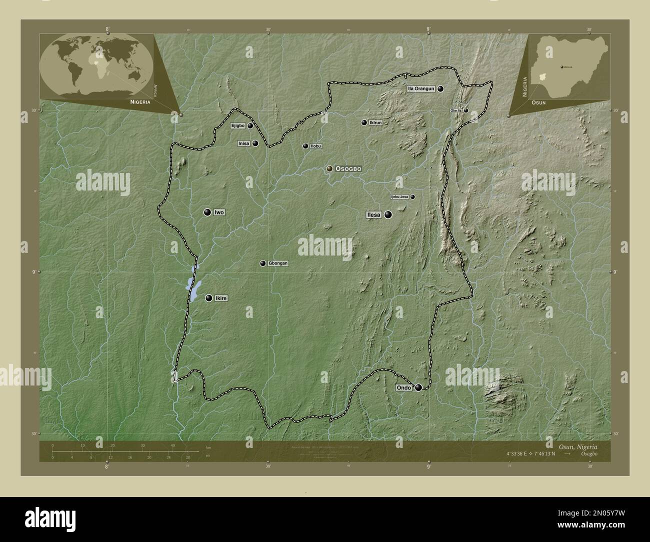 Osun, state of Nigeria. Elevation map colored in wiki style with lakes ...