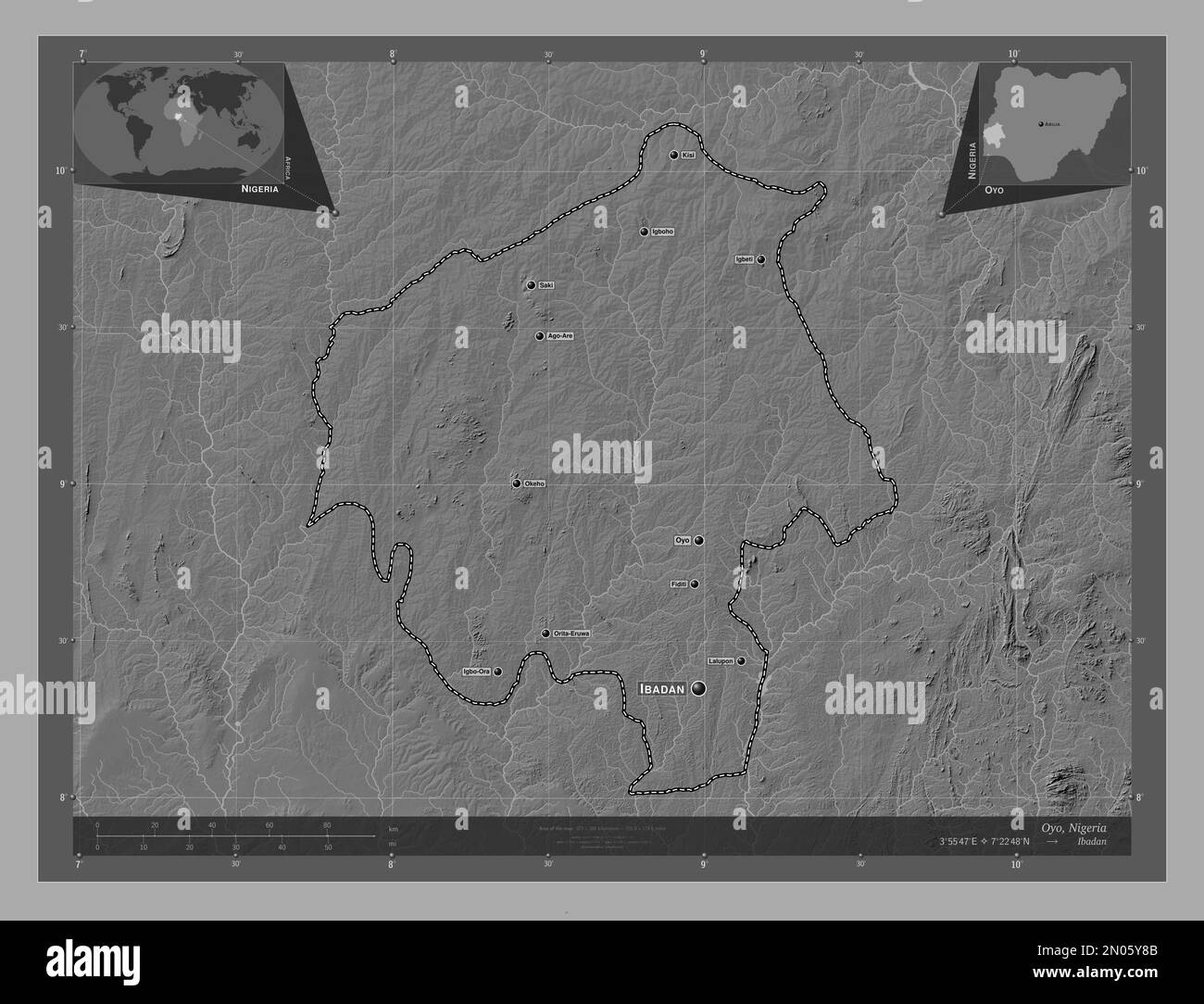 Oyo, state of Nigeria. Bilevel elevation map with lakes and rivers ...