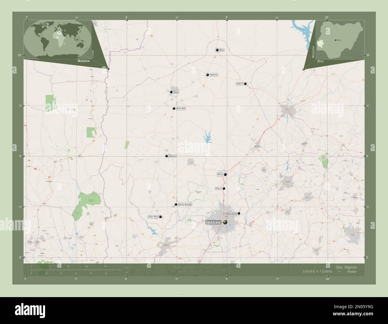 Oyo, state of Nigeria. Open Street Map. Locations and names of major ...