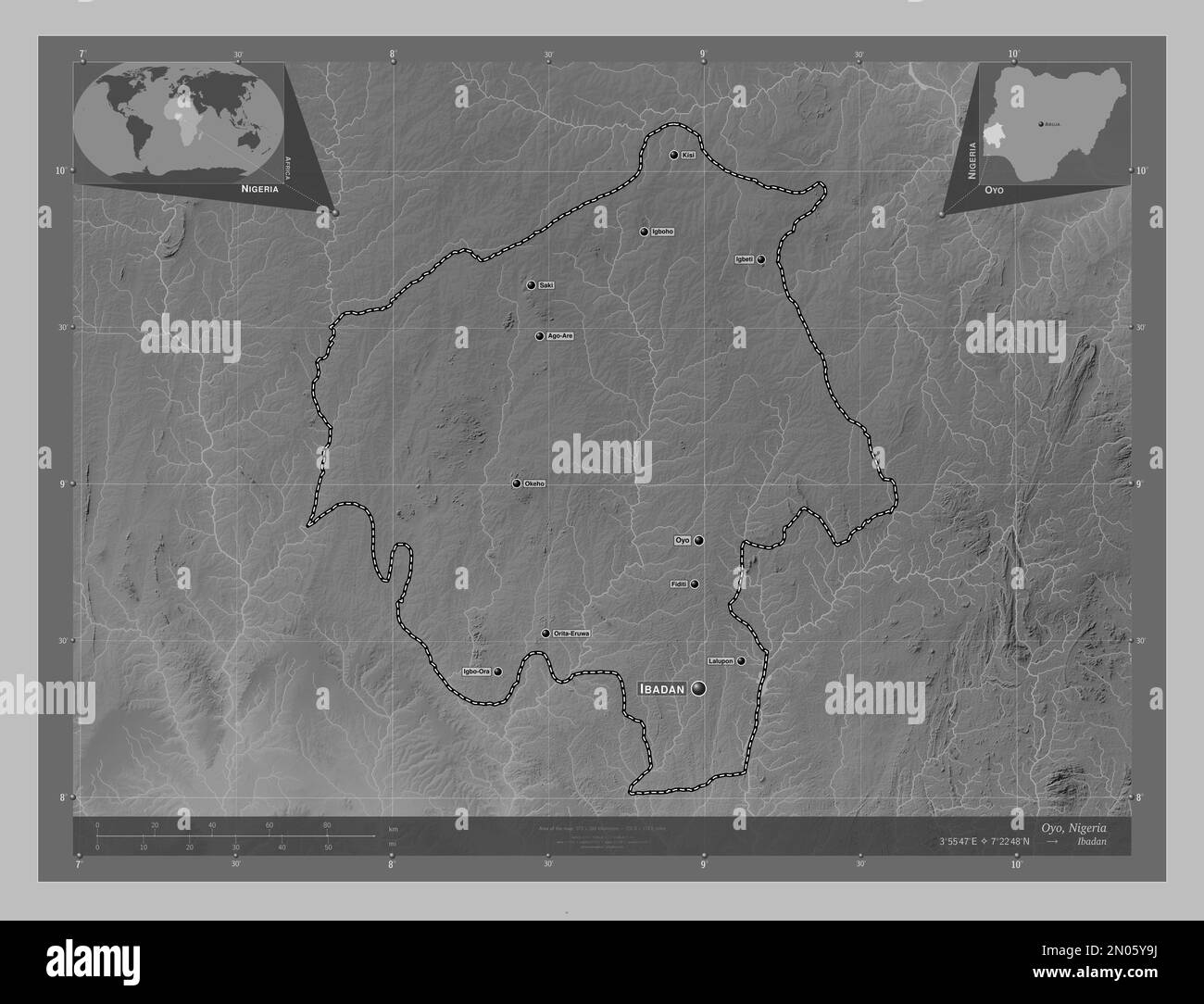 Oyo, state of Nigeria. Grayscale elevation map with lakes and rivers ...