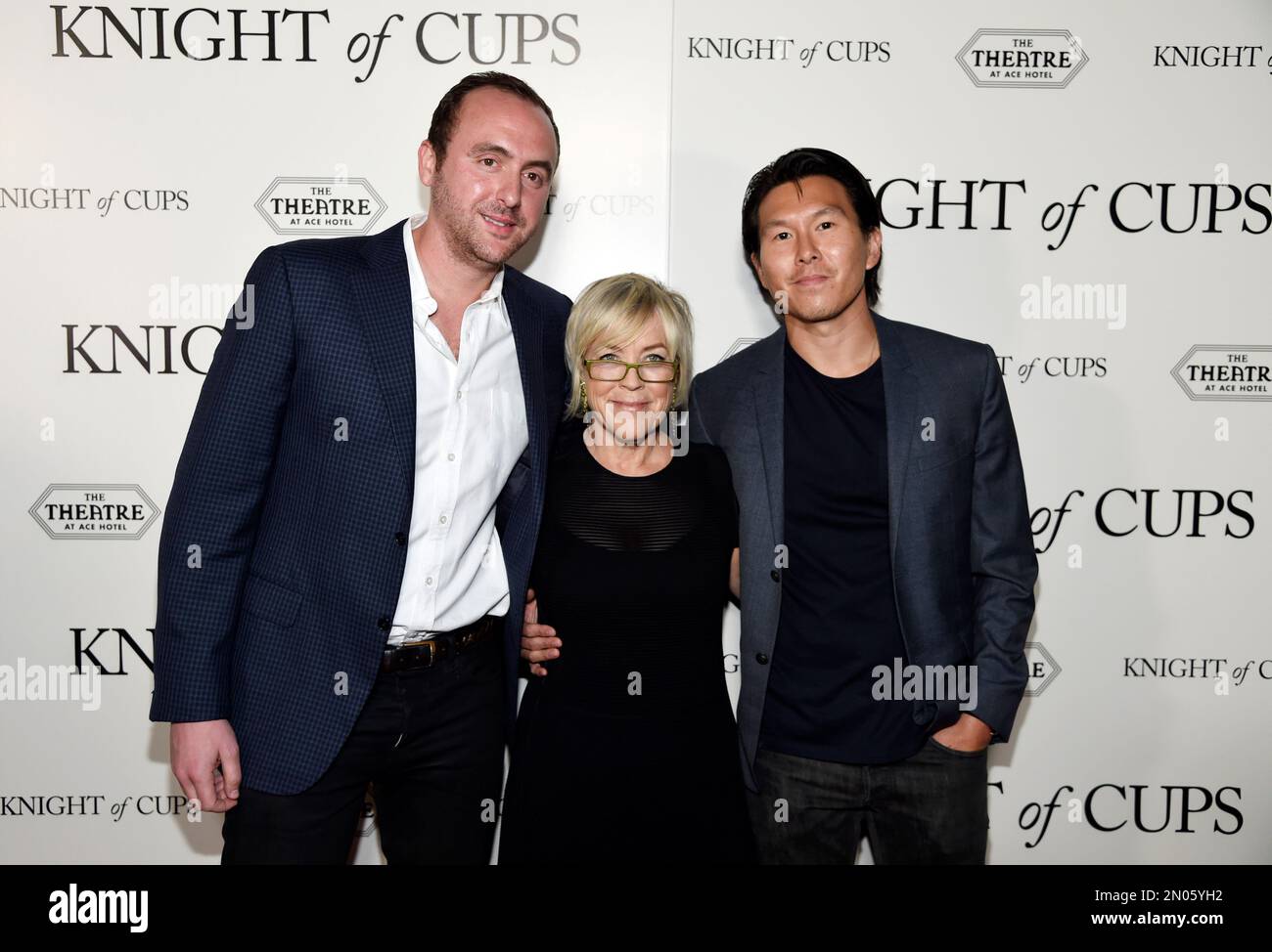 Nicolas Gonda, left, Sarah Green, center, and Kenneth Kao, producers of "Knight of Cups," pose ...