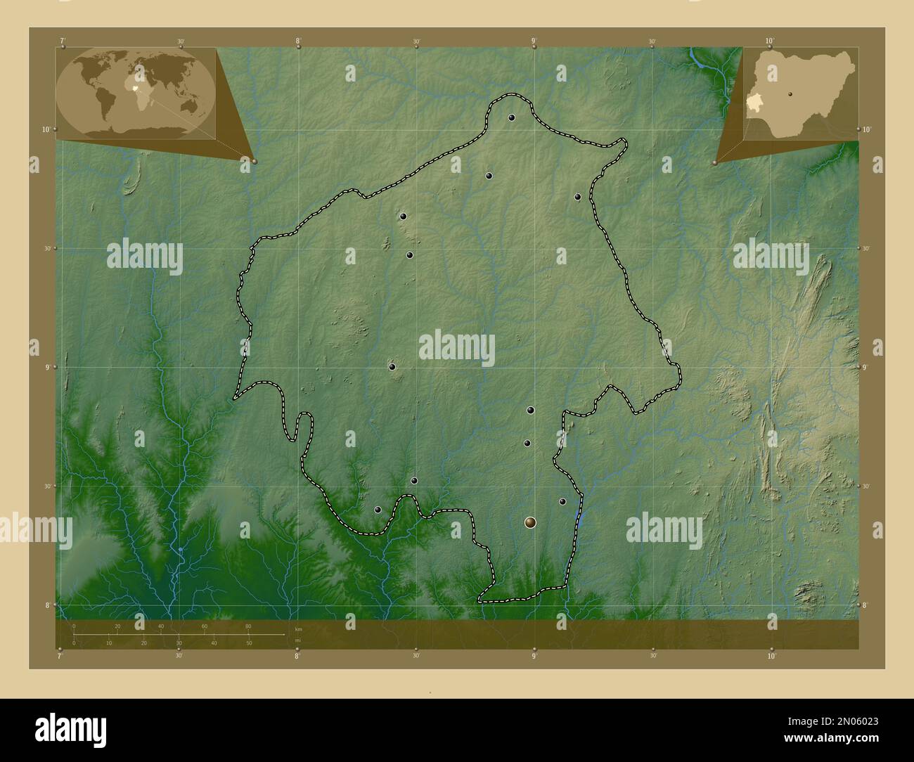 Oyo, state of Nigeria. Colored elevation map with lakes and rivers ...