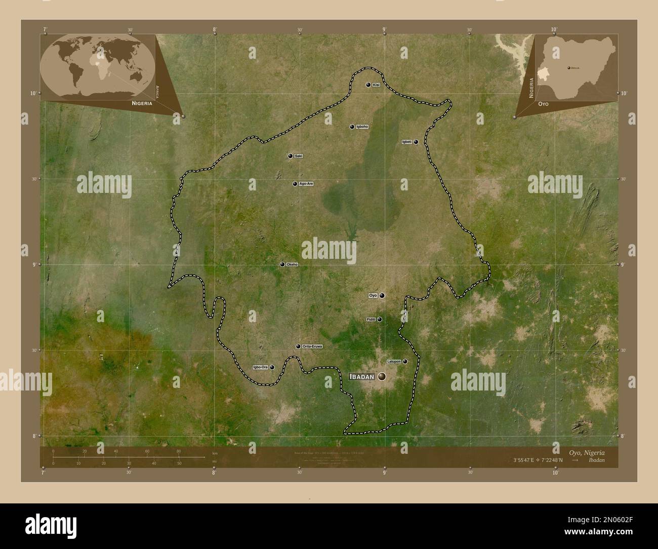 Oyo, state of Nigeria. Low resolution satellite map. Locations and ...