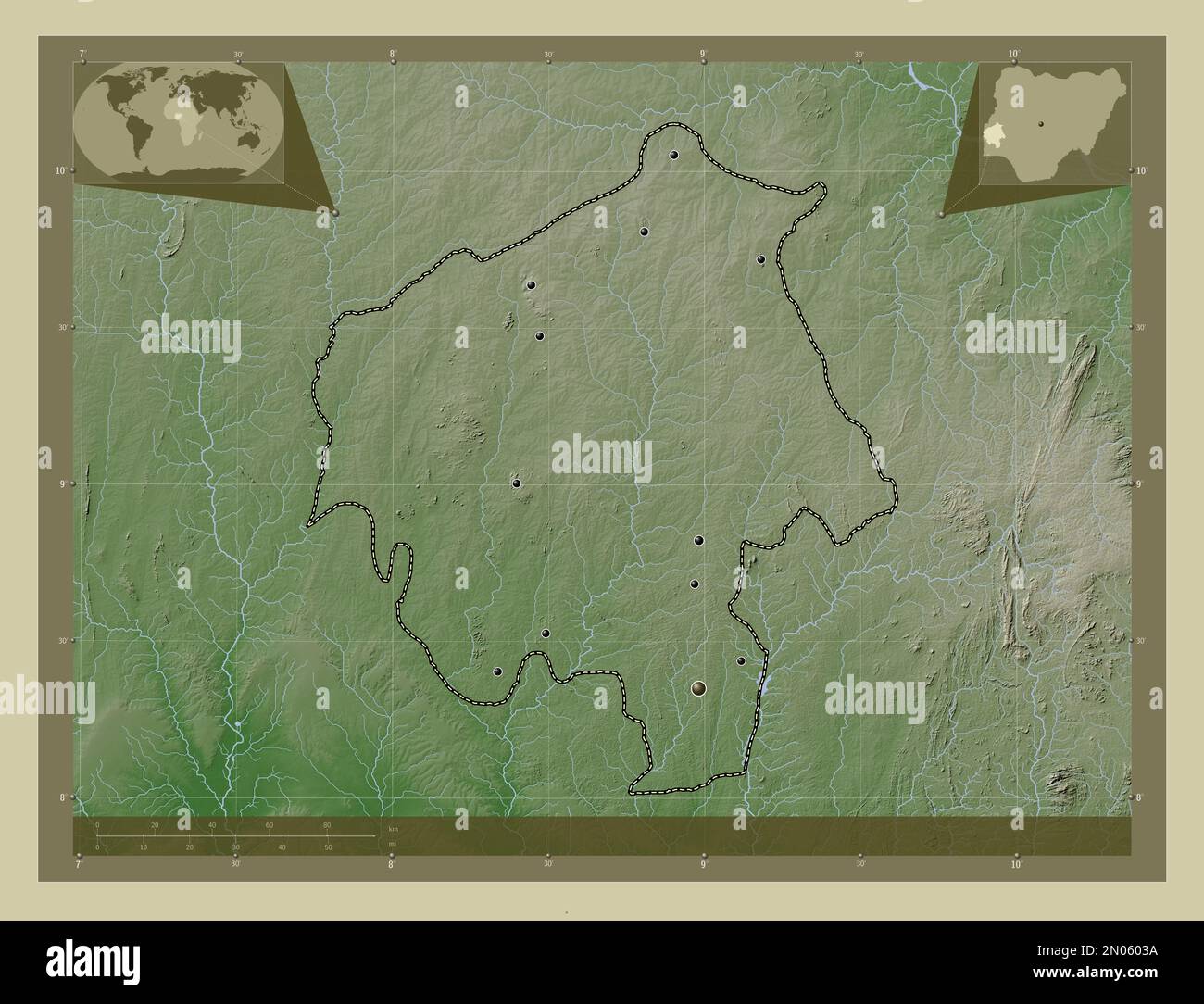 Oyo, state of Nigeria. Elevation map colored in wiki style with lakes ...