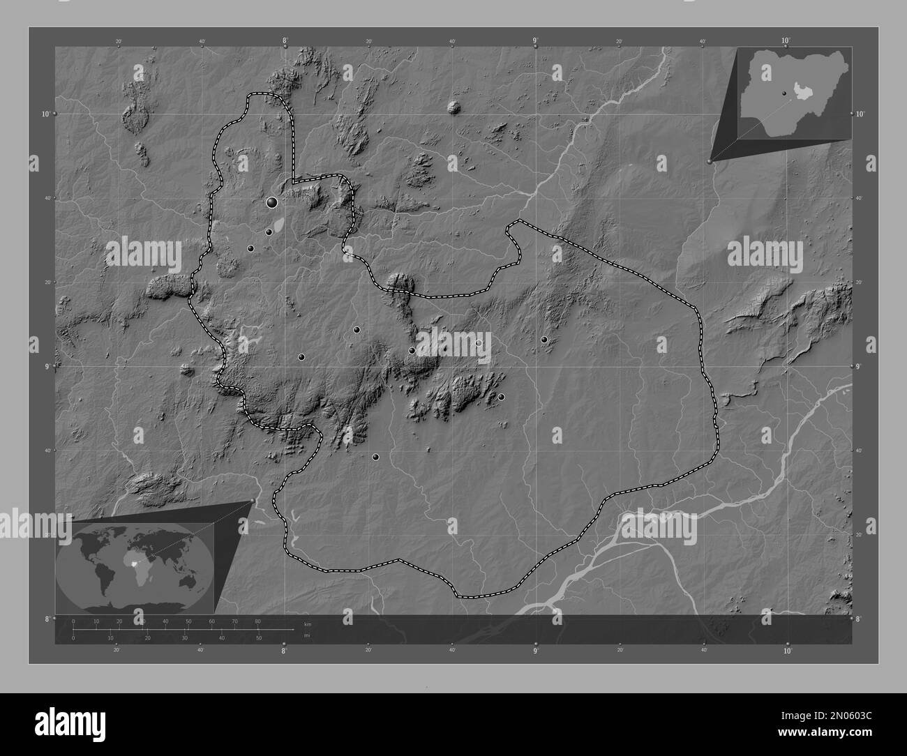 Plateau, state of Nigeria. Bilevel elevation map with lakes and rivers ...