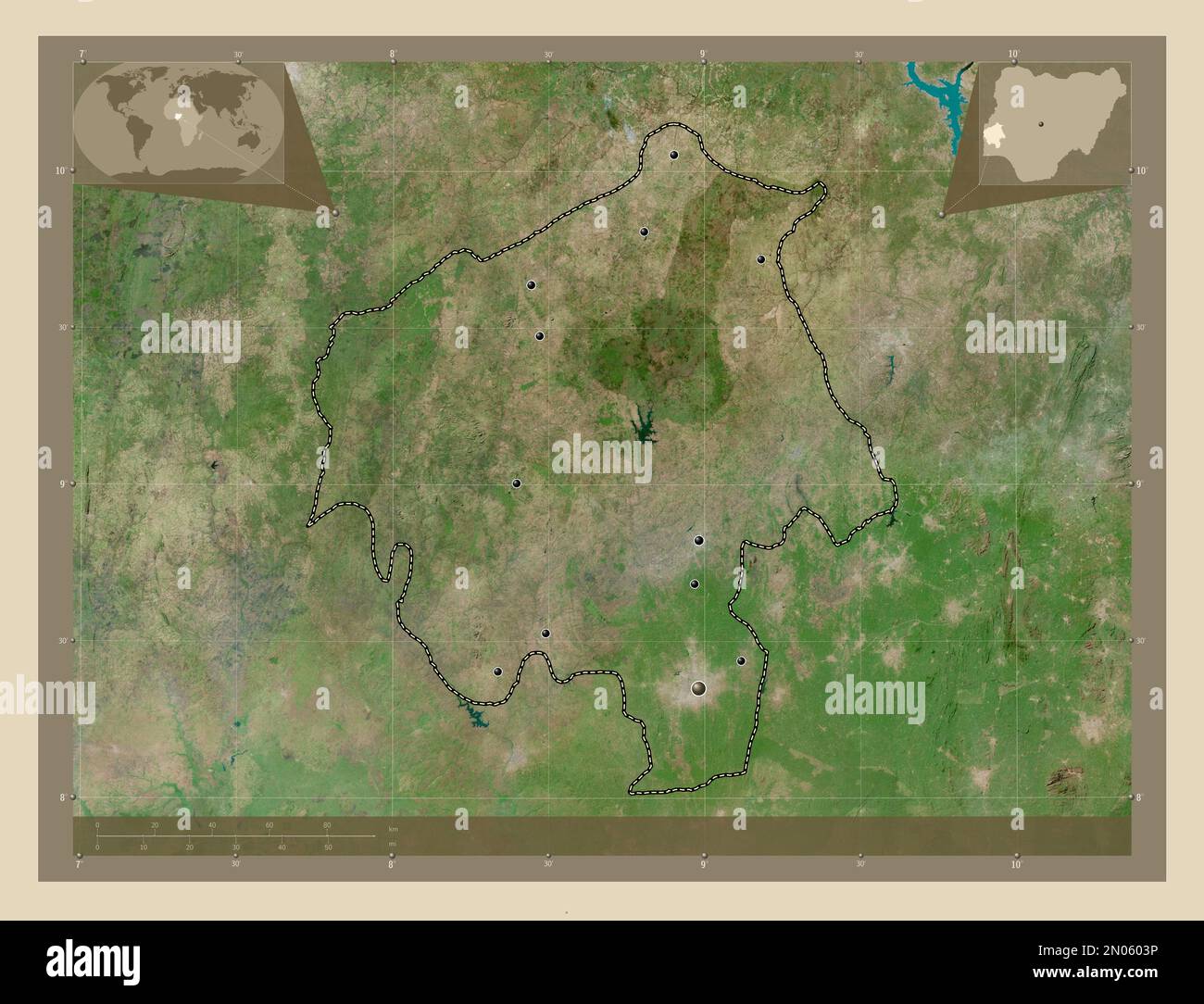 Oyo, state of Nigeria. High resolution satellite map. Locations of ...