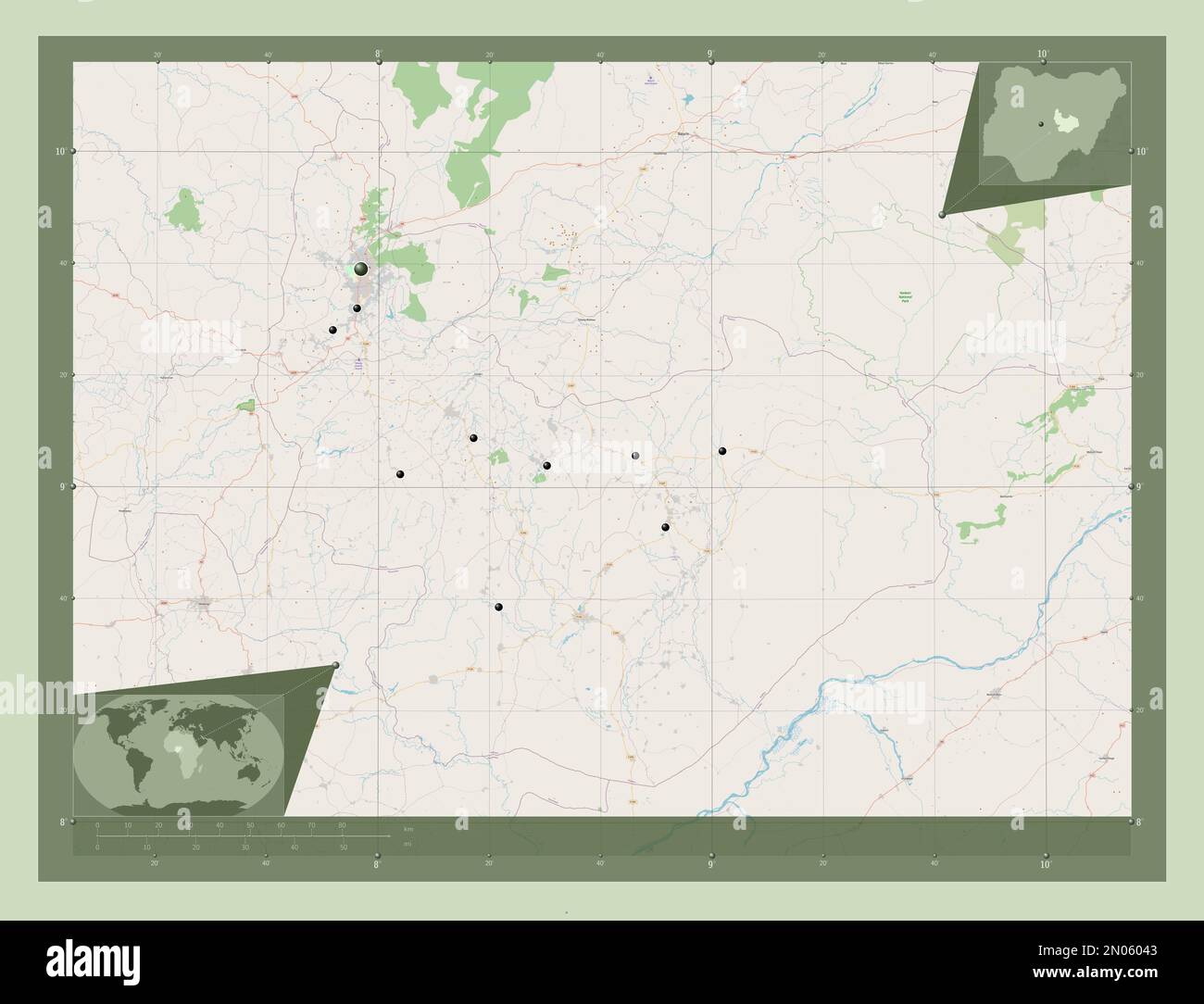 Plateau, state of Nigeria. Open Street Map. Locations of major cities of the region. Corner ...