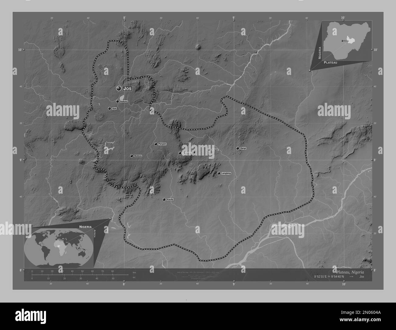 Plateau, state of Nigeria. Grayscale elevation map with lakes and ...