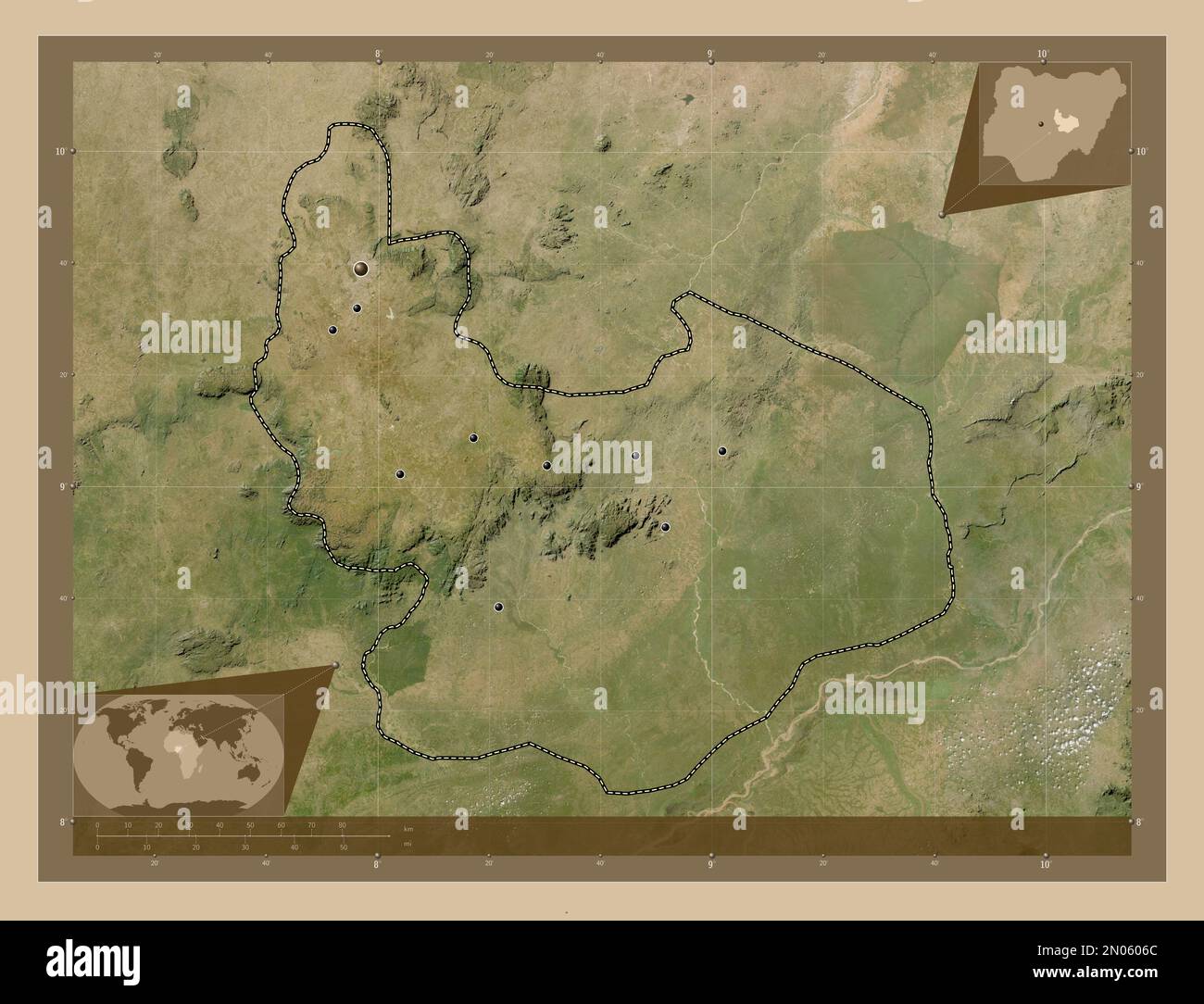 Plateau, state of Nigeria. Low resolution satellite map. Locations of ...
