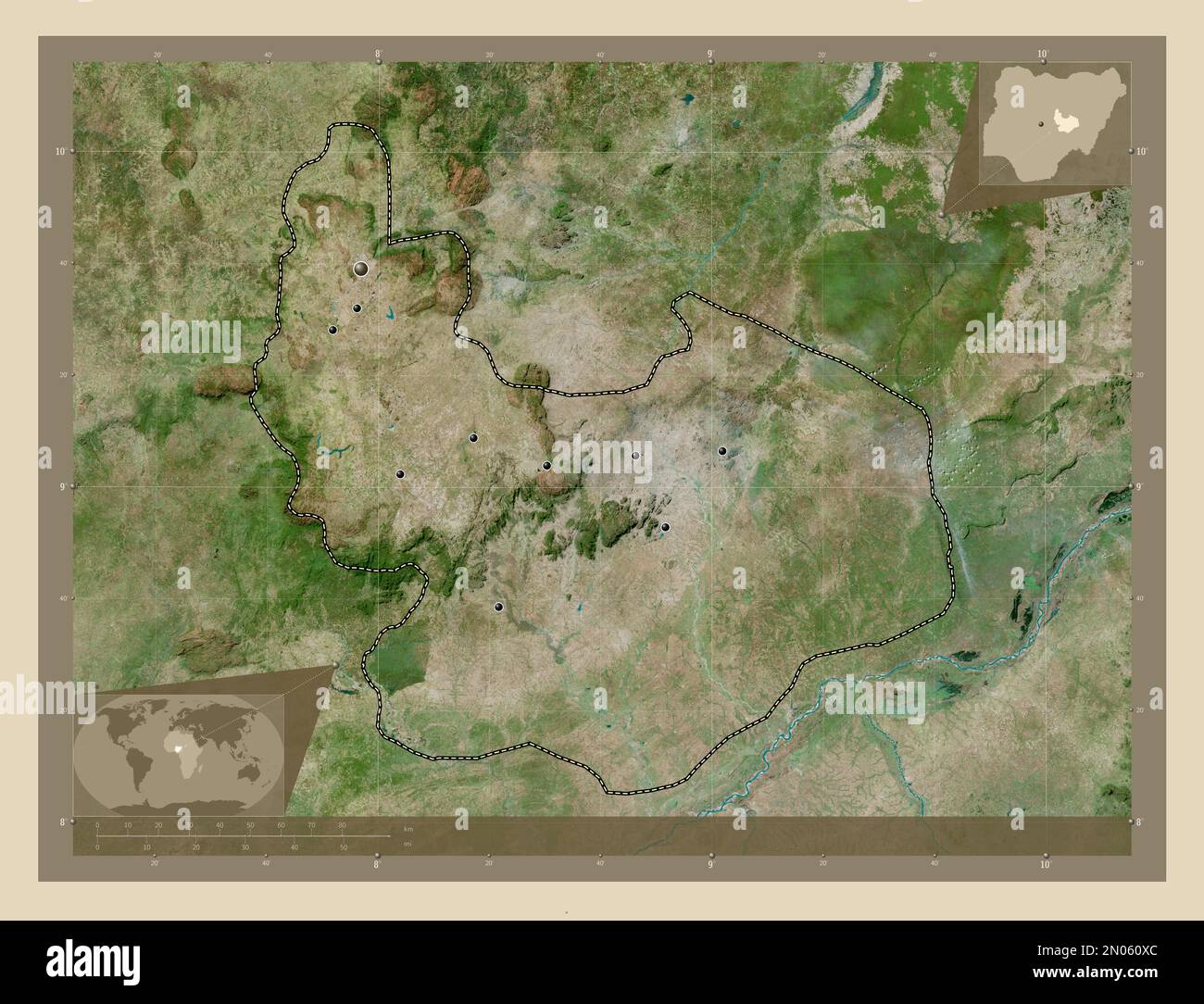 Plateau, state of Nigeria. High resolution satellite map. Locations of ...