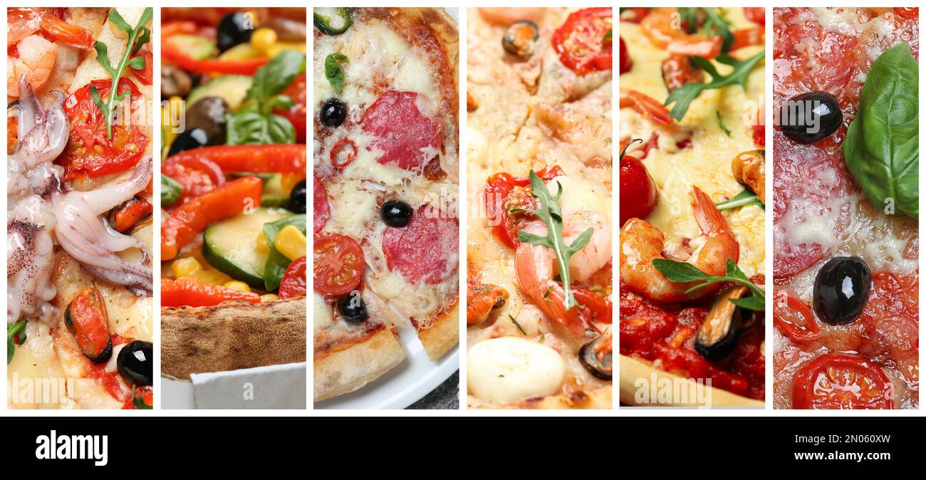 Collage with different pizzas, closeup view. Banner design Stock Photo ...