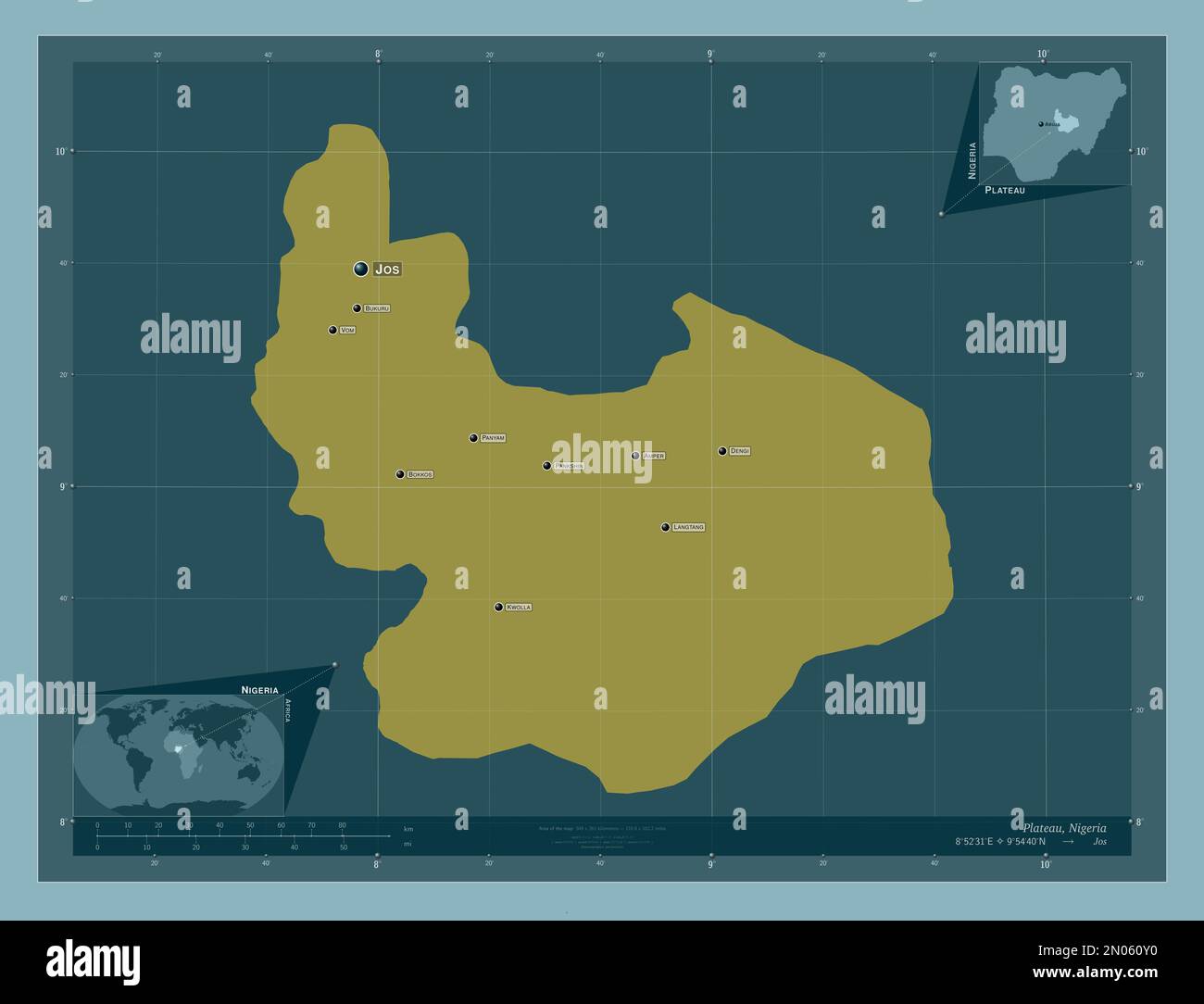 Plateau, state of Nigeria. Solid color shape. Locations and names of ...