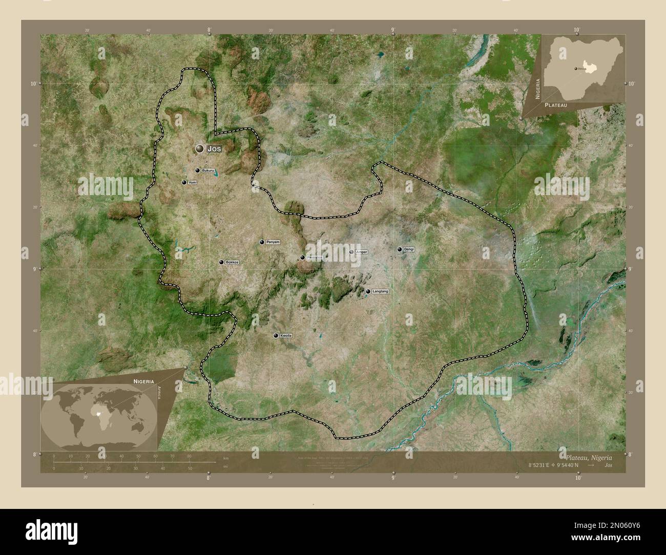 Plateau, state of Nigeria. High resolution satellite map. Locations and ...