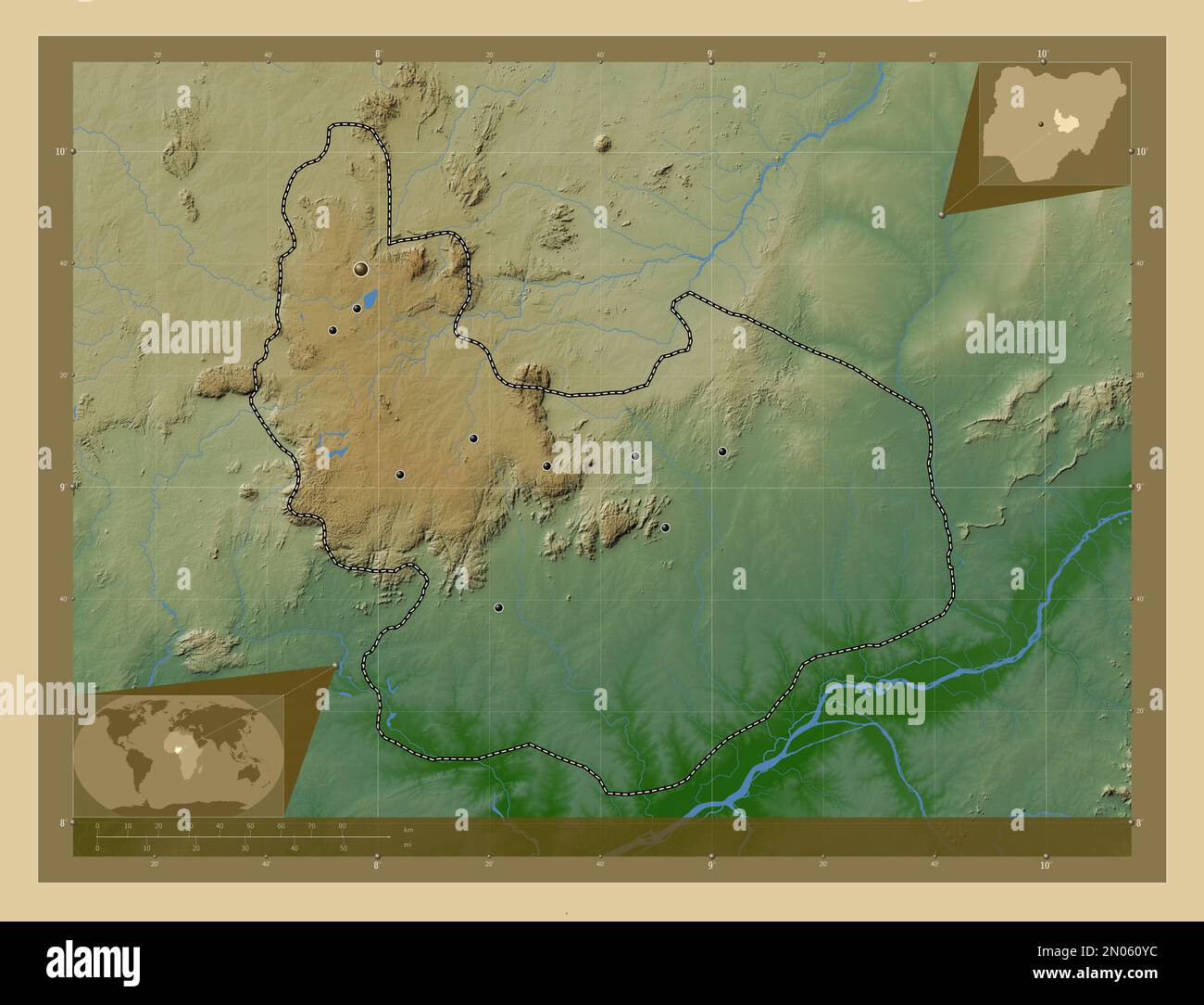 Plateau, state of Nigeria. Colored elevation map with lakes and rivers ...
