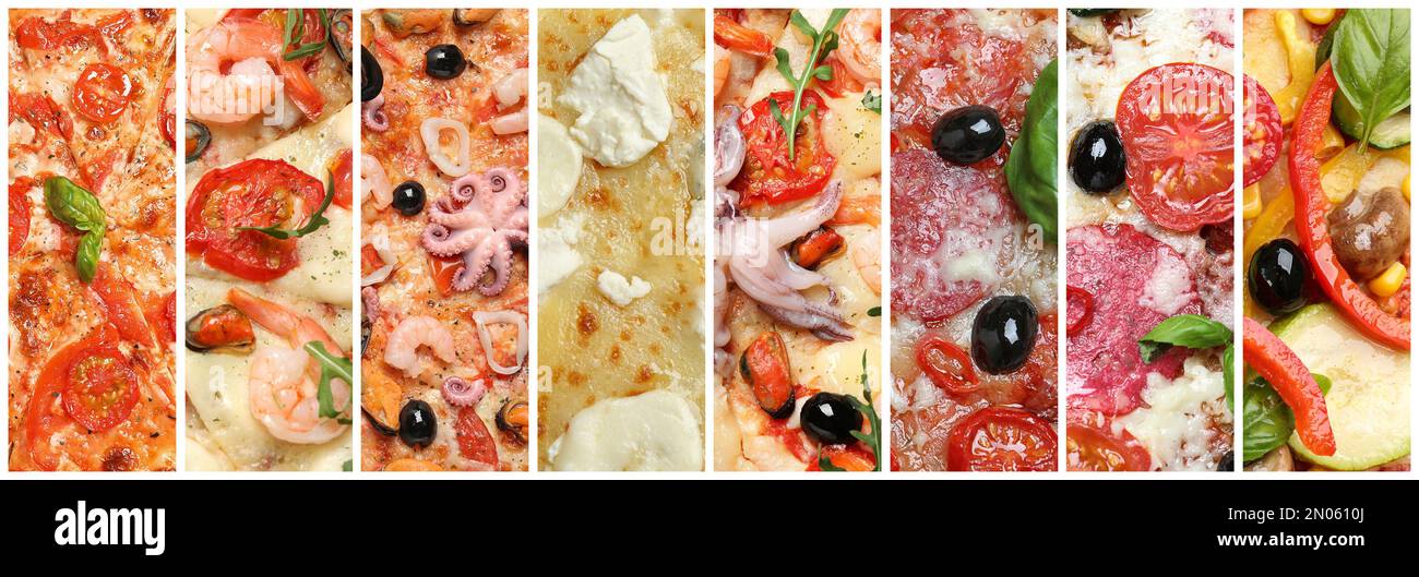 Collage with different pizzas, closeup view. Banner design Stock Photo ...