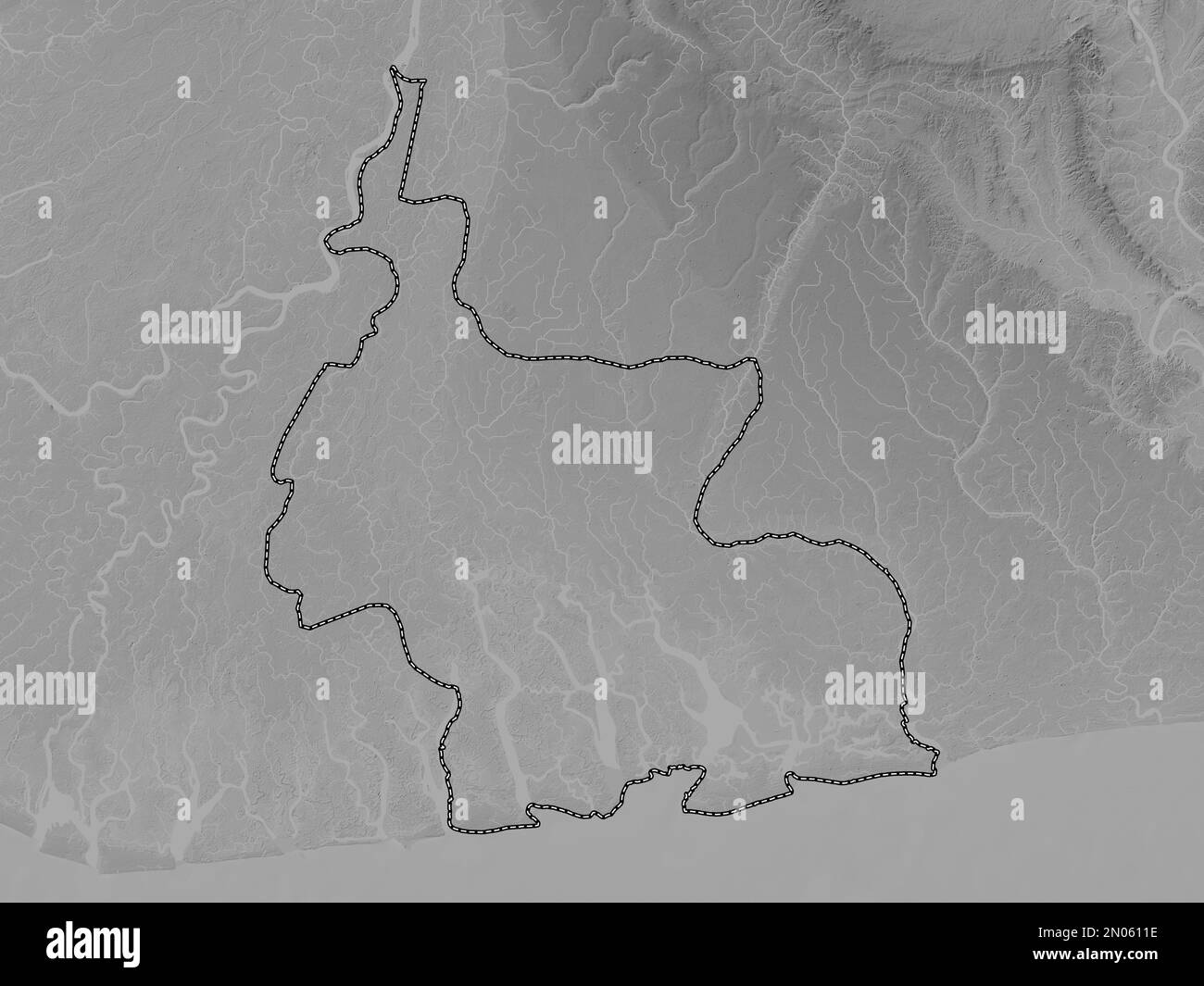 Rivers, state of Nigeria. Grayscale elevation map with lakes and rivers ...