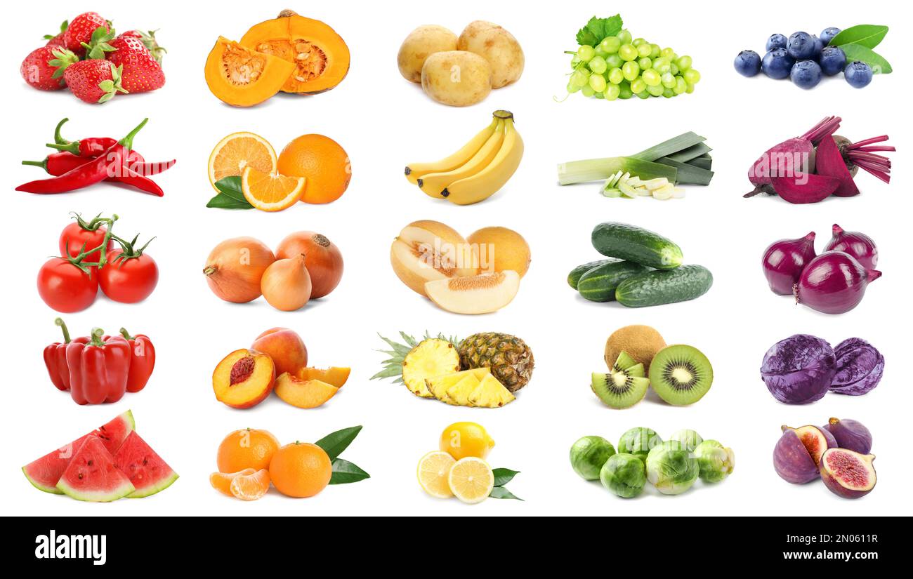 Assortment of organic fresh fruits and vegetables on white background ...