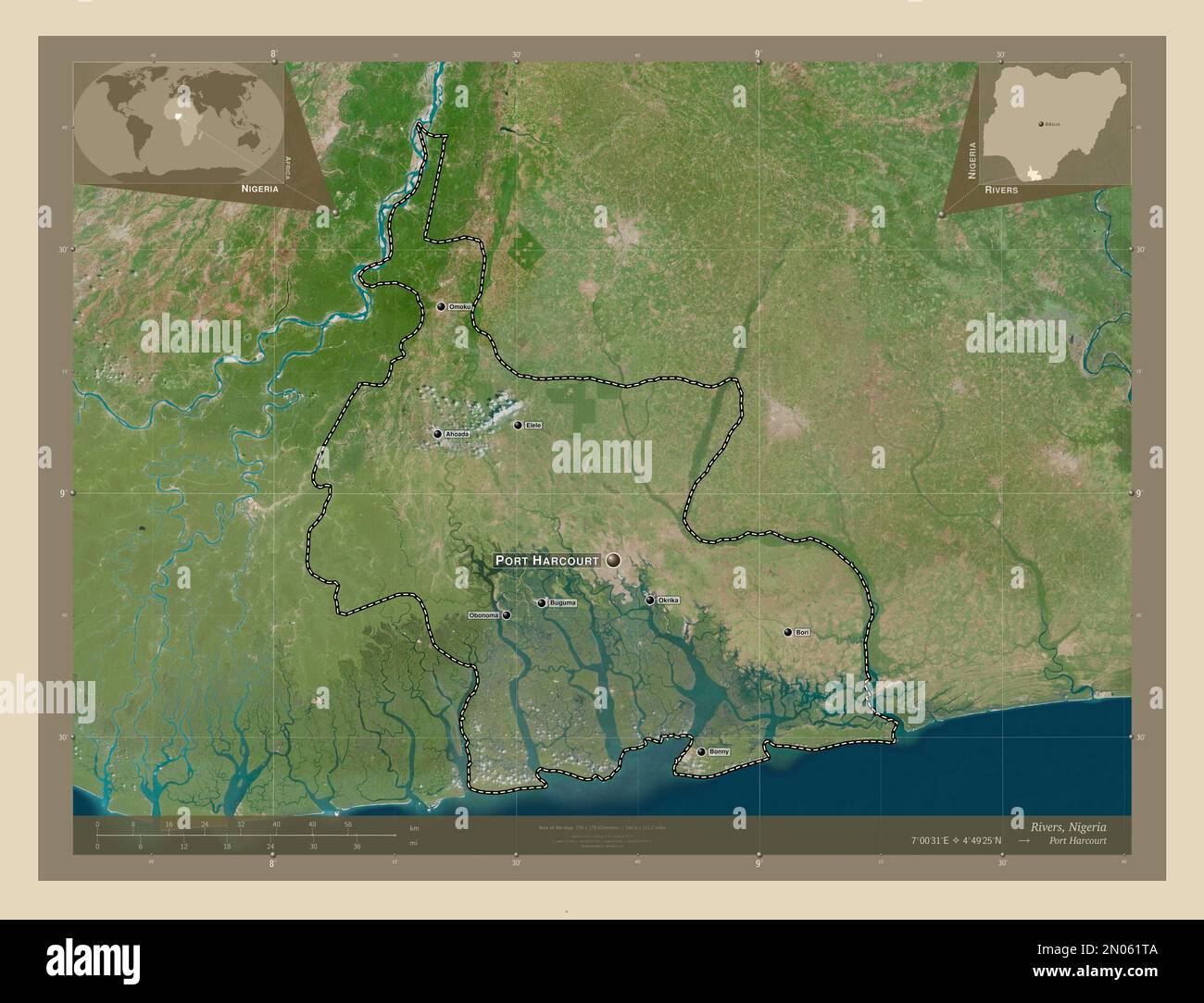 Rivers, state of Nigeria. High resolution satellite map. Locations and ...