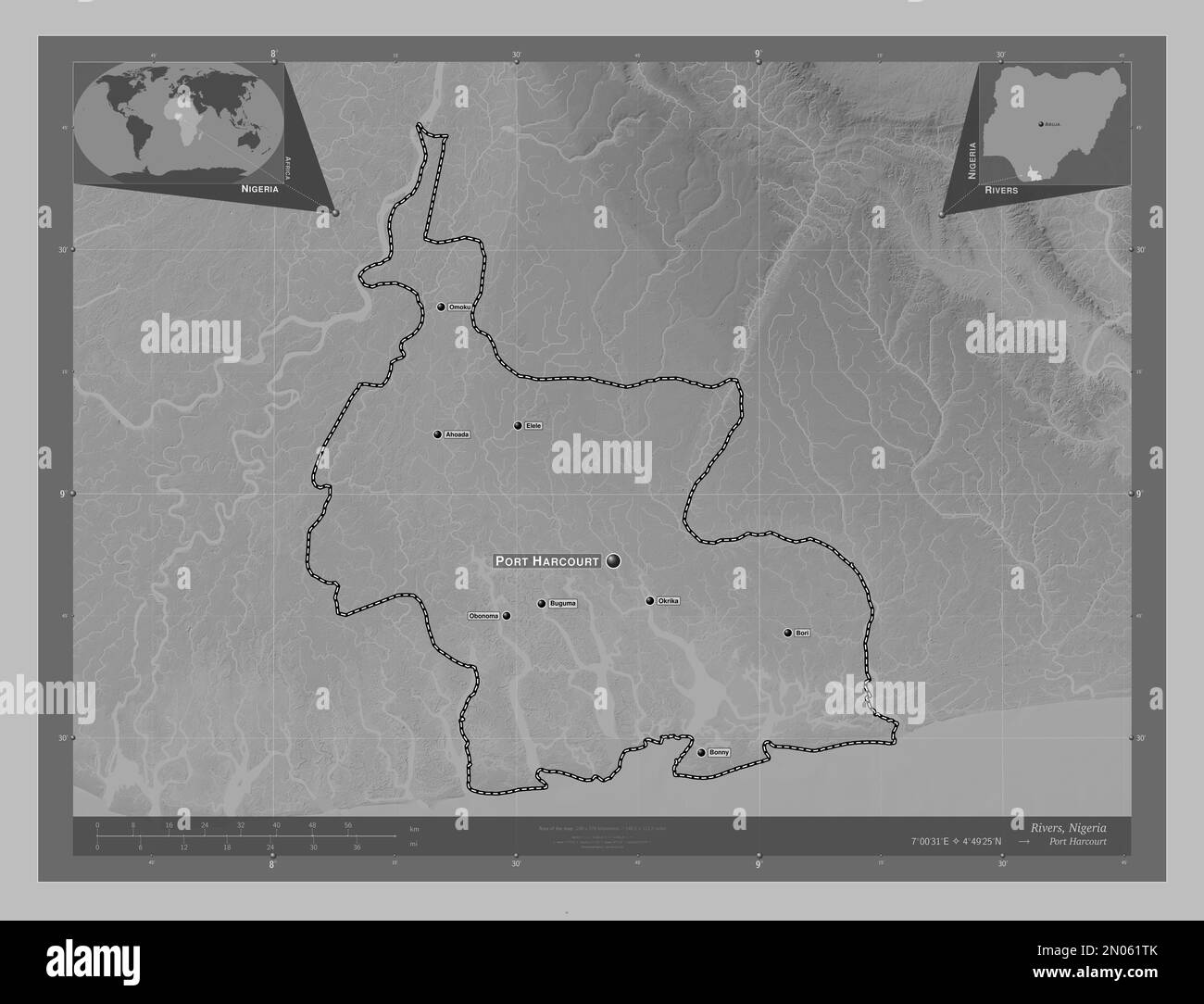 Rivers, state of Nigeria. Grayscale elevation map with lakes and rivers ...