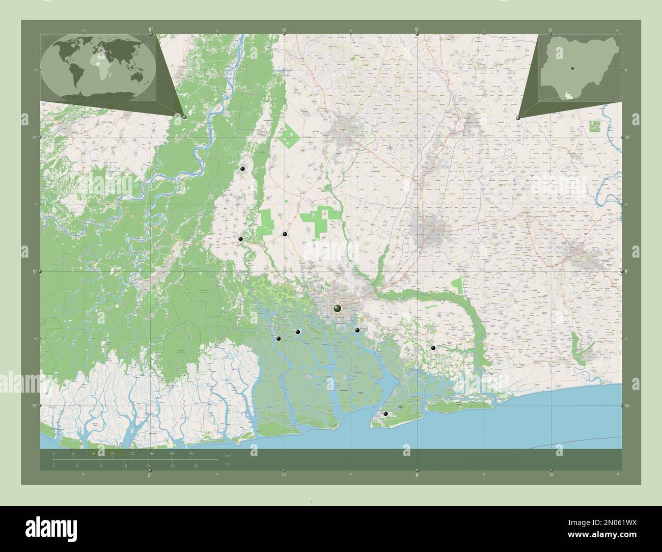 Rivers, state of Nigeria. Open Street Map. Locations of major cities of ...