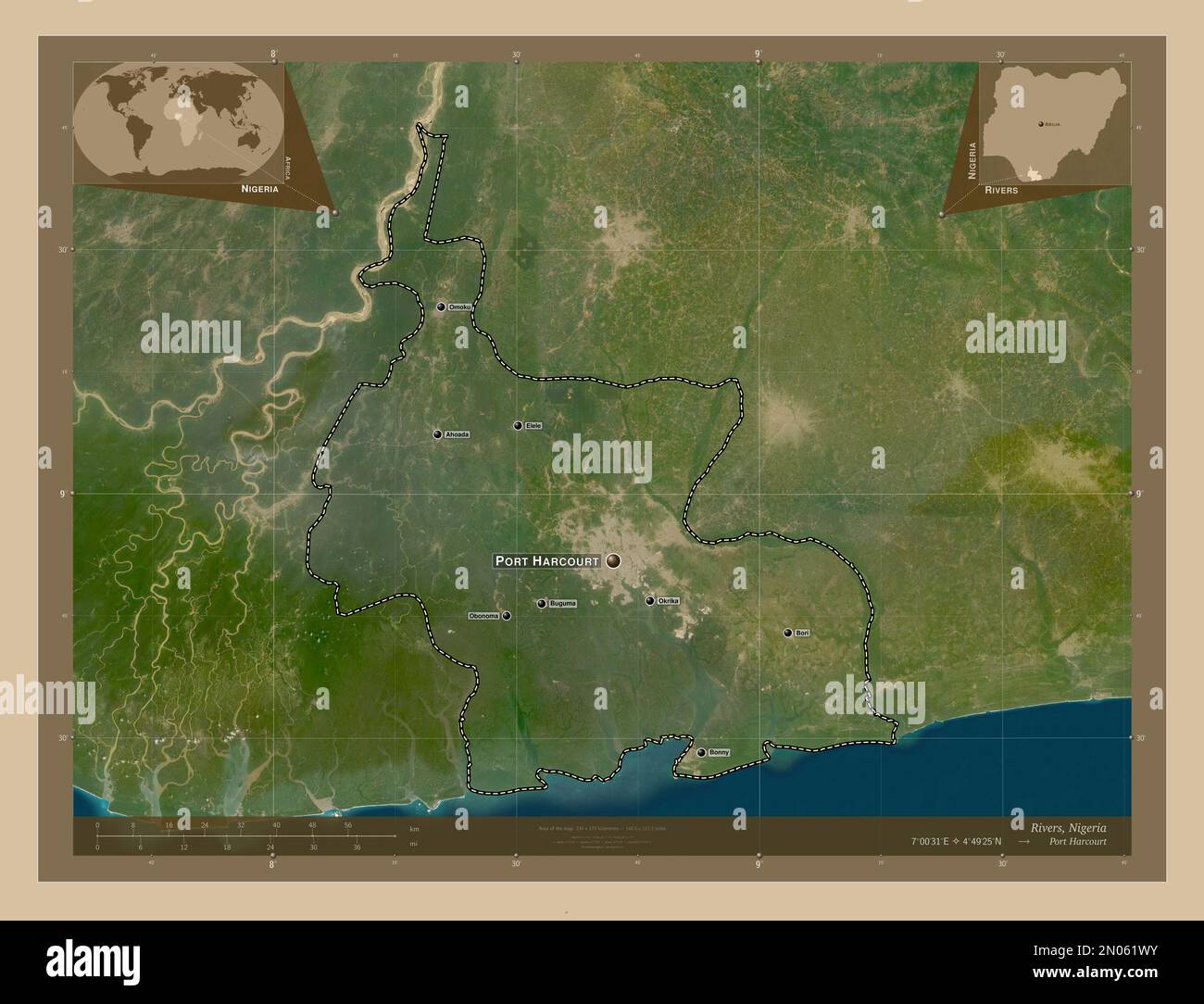 Rivers, state of Nigeria. Low resolution satellite map. Locations and ...