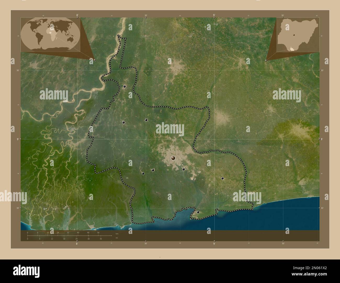 Rivers, state of Nigeria. Low resolution satellite map. Locations of ...