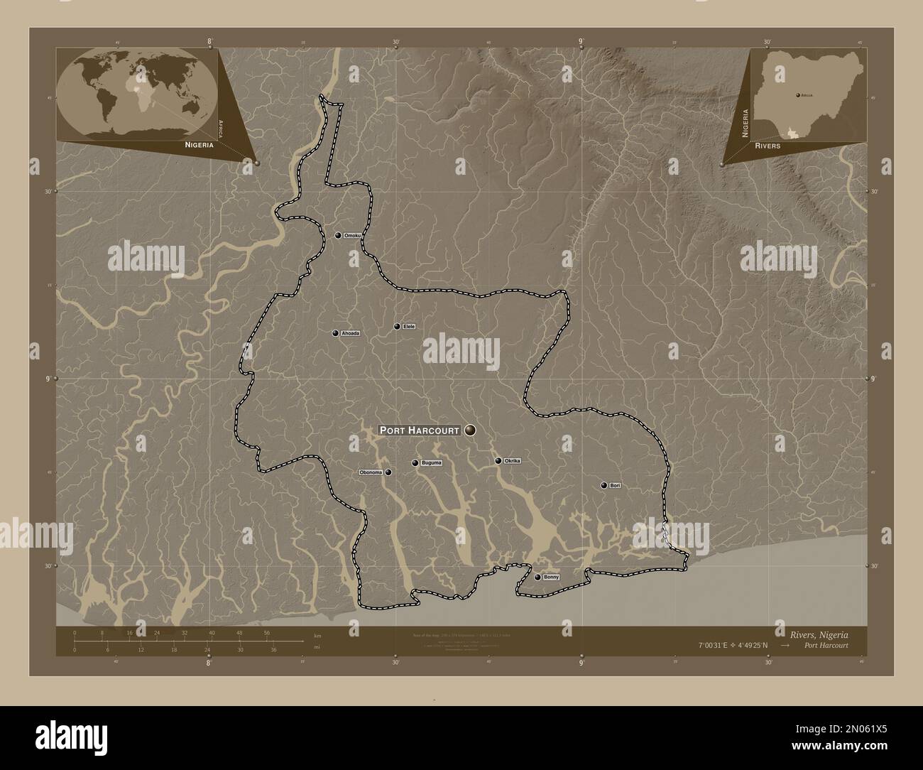 Rivers, state of Nigeria. Elevation map colored in sepia tones with ...